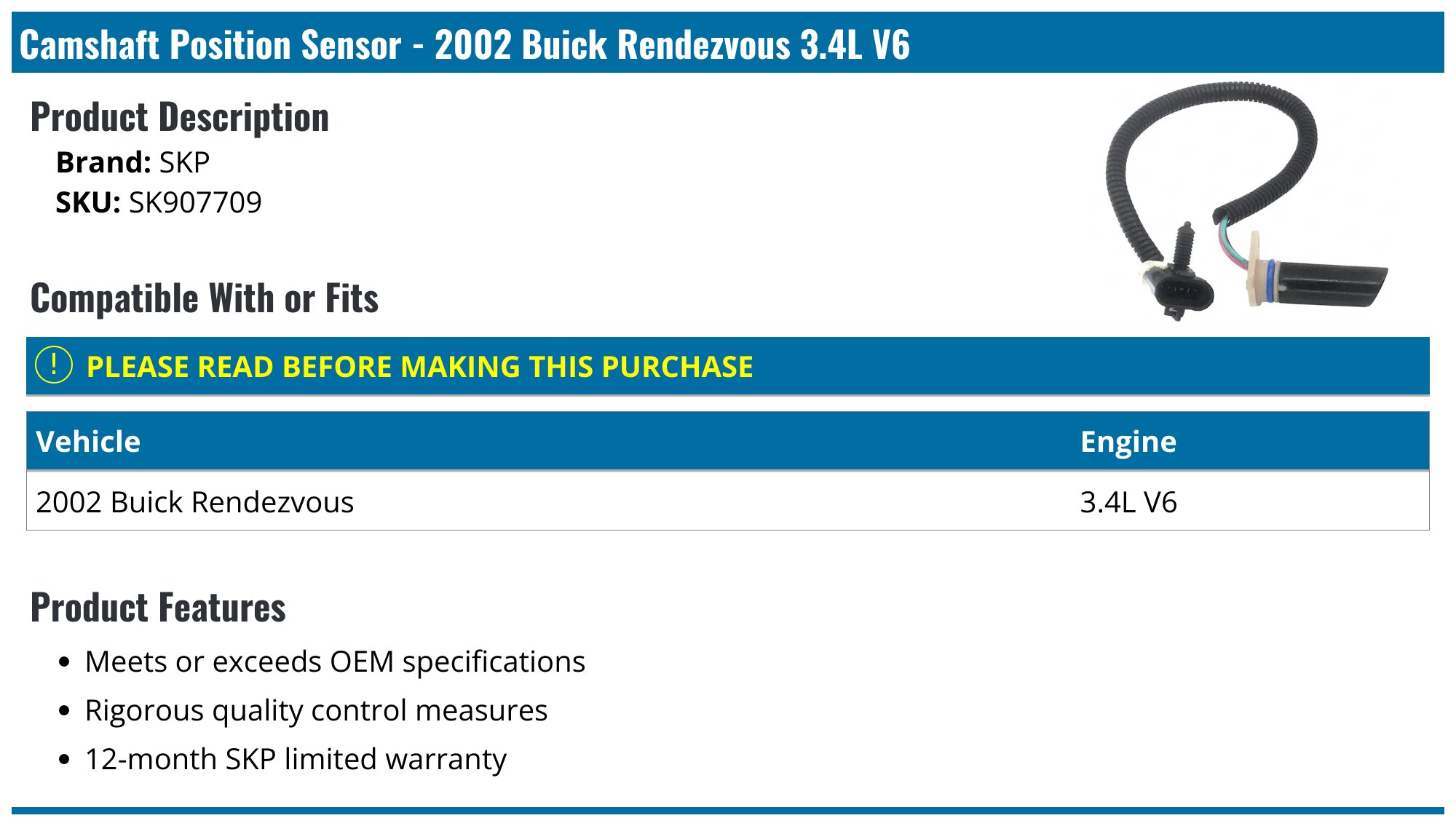 2002 Buick Rendezvous Camshaft Position Sensor - SKP SK907709 ...