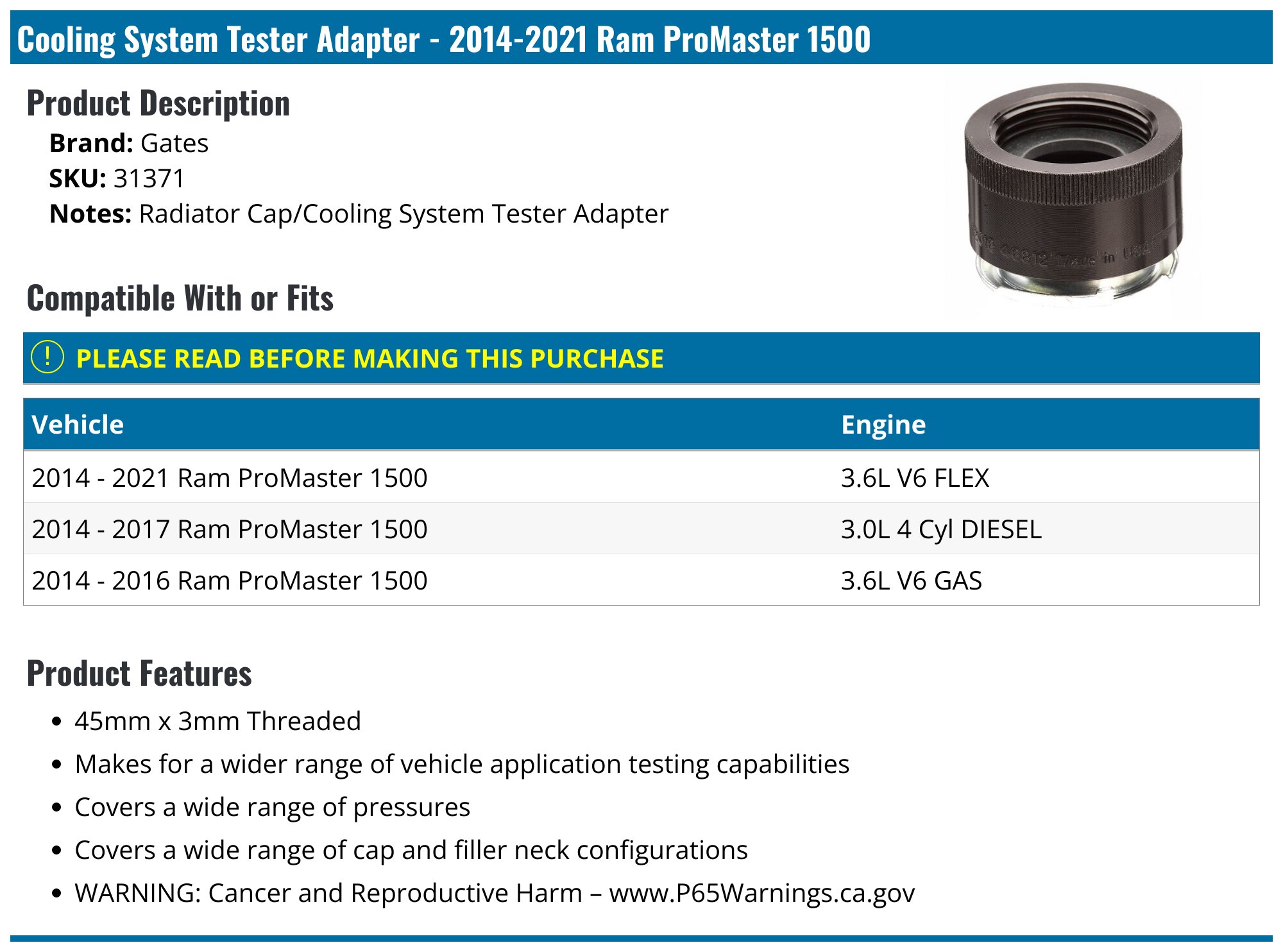 2014-2024 Ram ProMaster 1500 Cooling System Tester Adapter - Gates ...