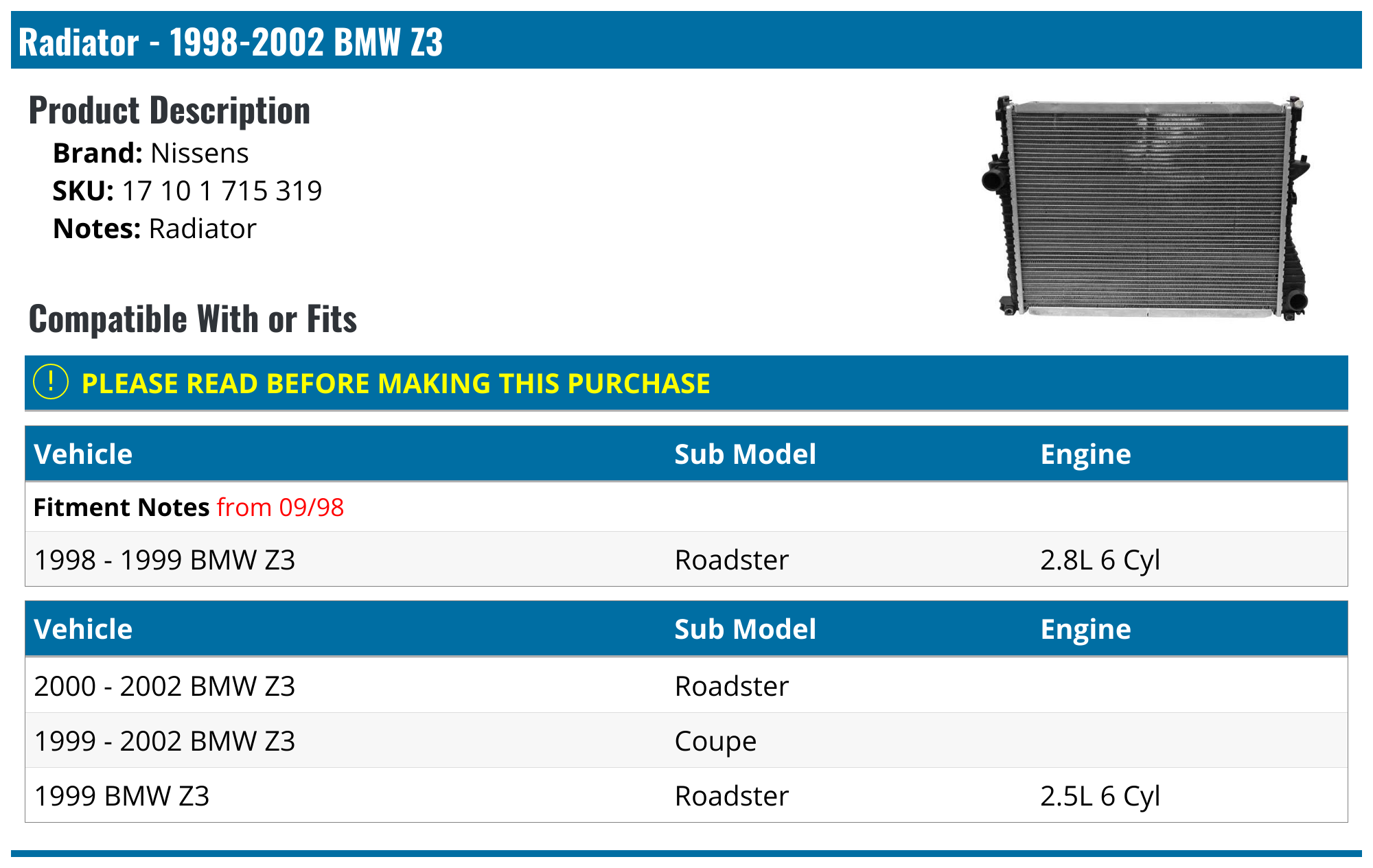 1998-2002 BMW Z3 Radiator - Nissens 17 10 1 715 319 - PartsGeek.com