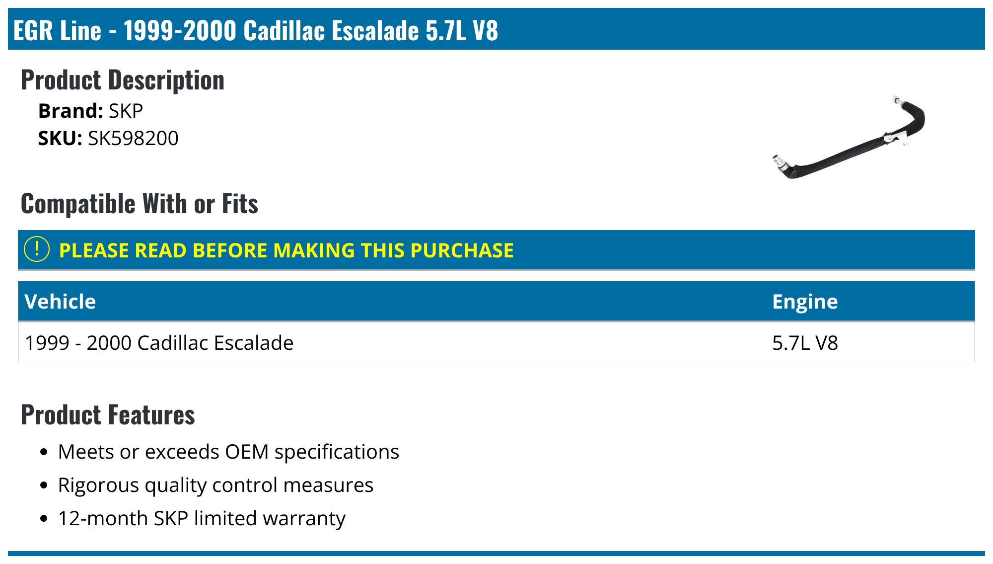 1999-2000 Cadillac Escalade EGR Tube - SKP SK598200 - PartsGeek.com
