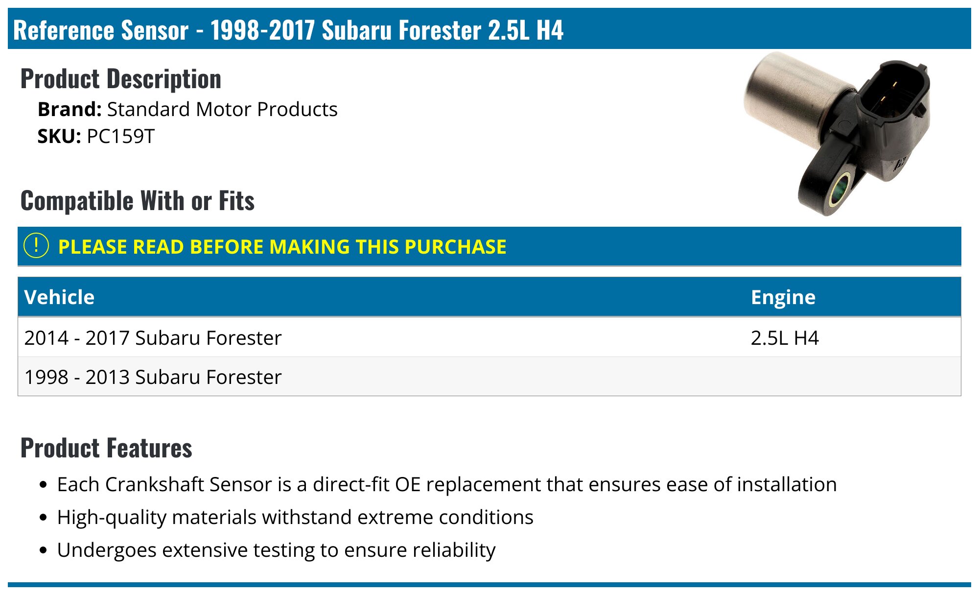 1998-2017 Subaru Forester Crank Position Sensor - Standard Motor ...