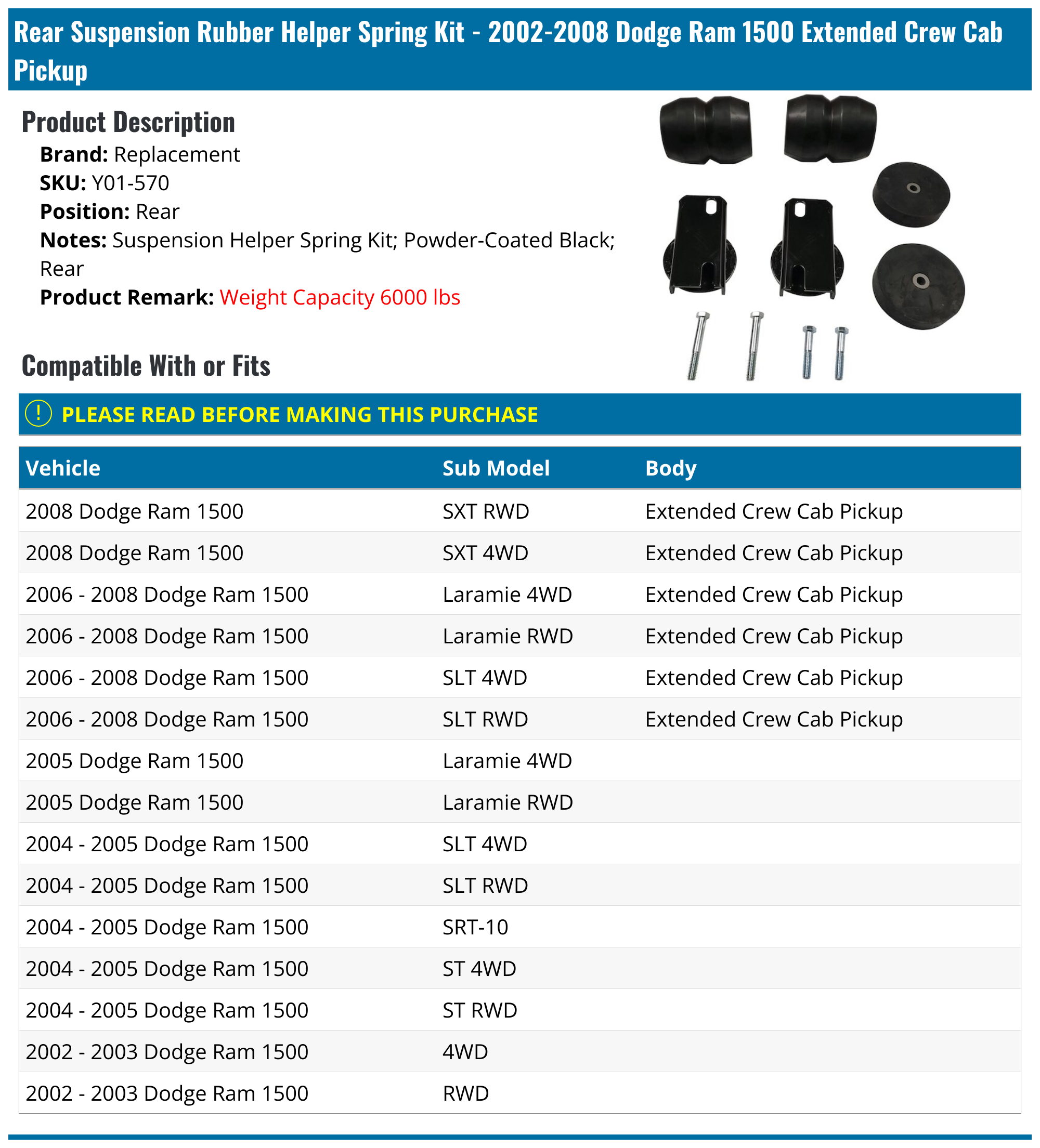 2002-2008 Dodge Ram 1500 Air Spring - Replacement Y01-570 - Rear ...