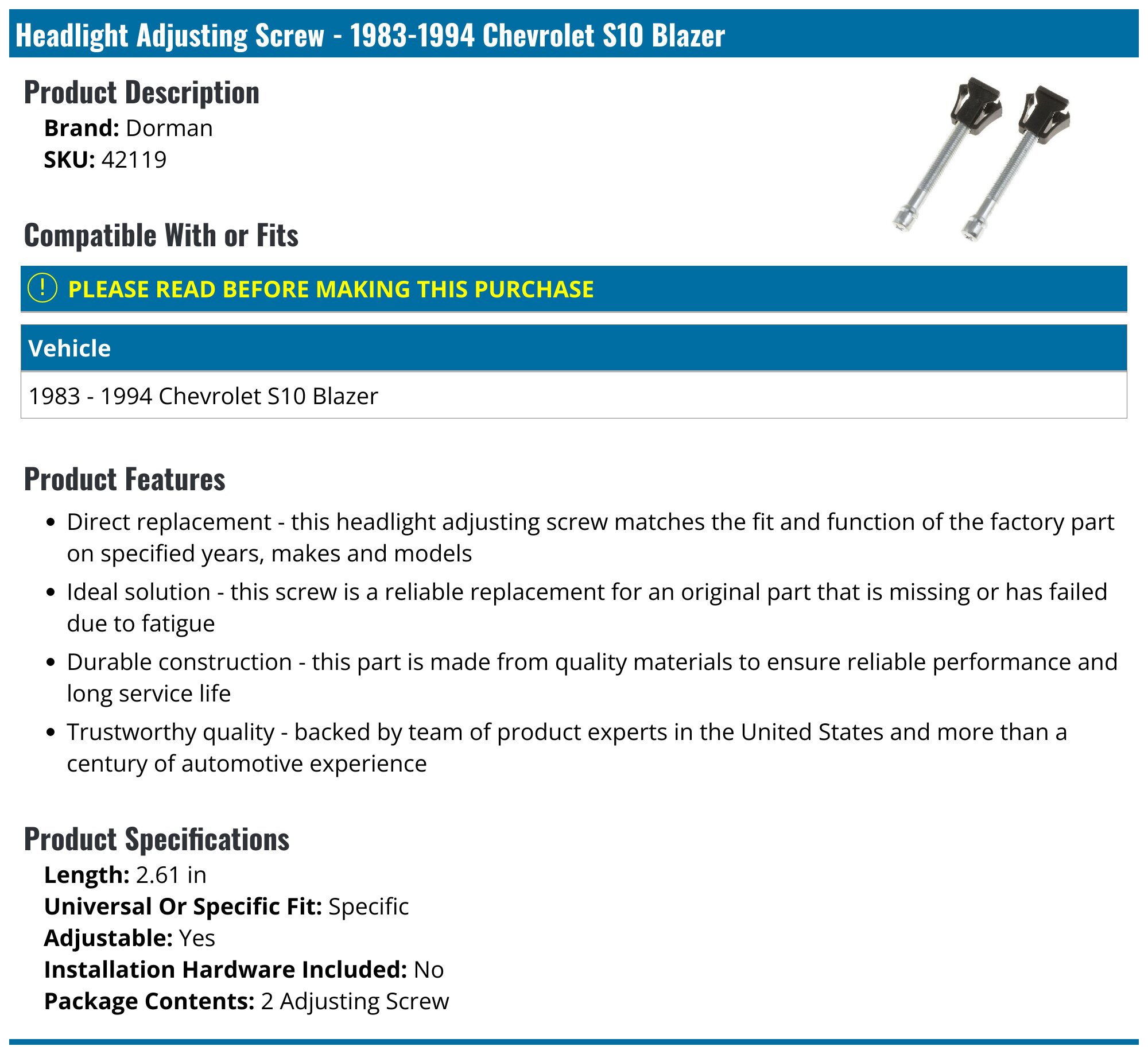 1983-1994 Chevrolet S10 Blazer Headlight Adjusting Screw - Dorman 42119 ...