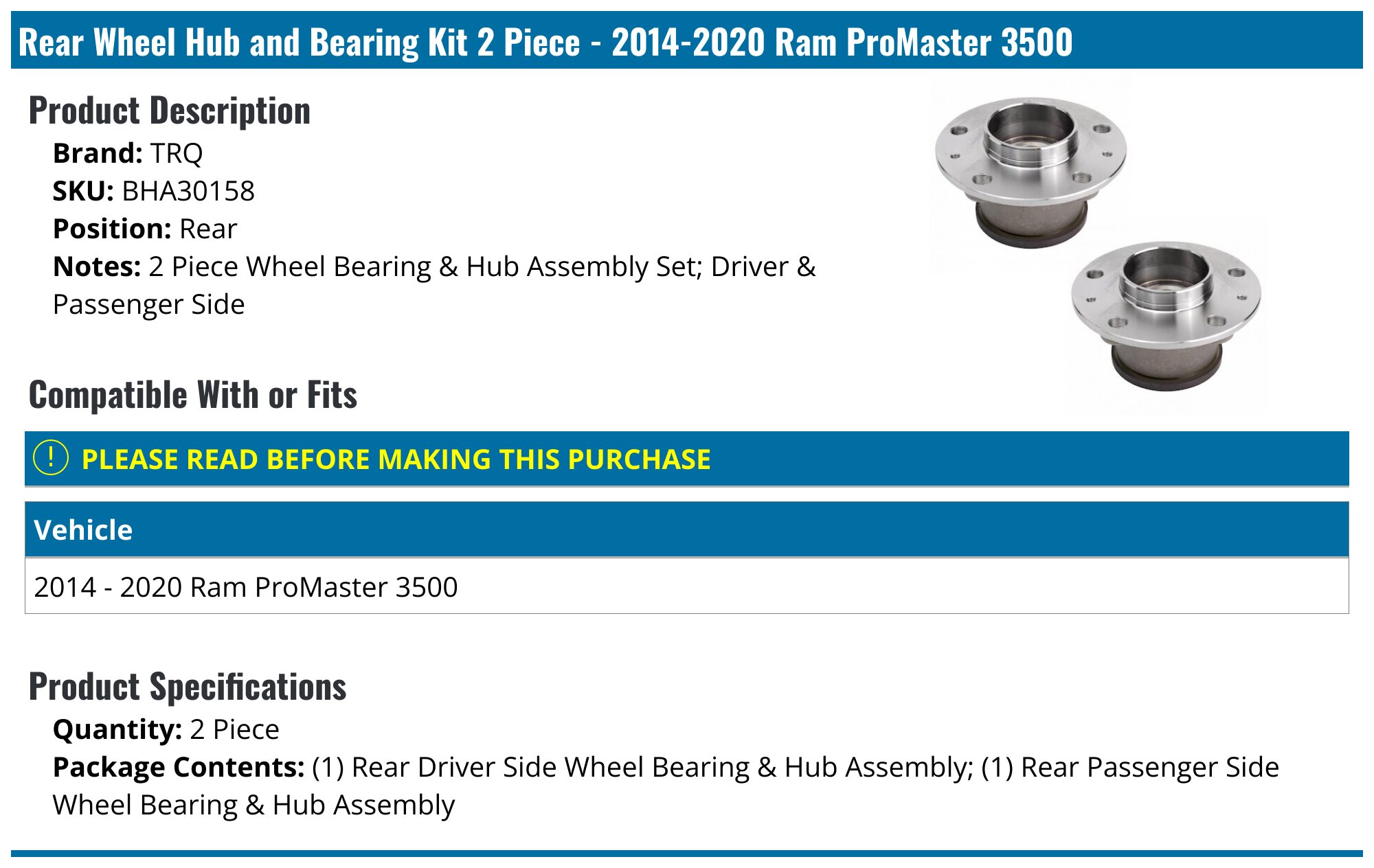 2014-2023 Ram ProMaster 3500 Wheel Hub Assembly - TRQ BHA30158 - Rear ...