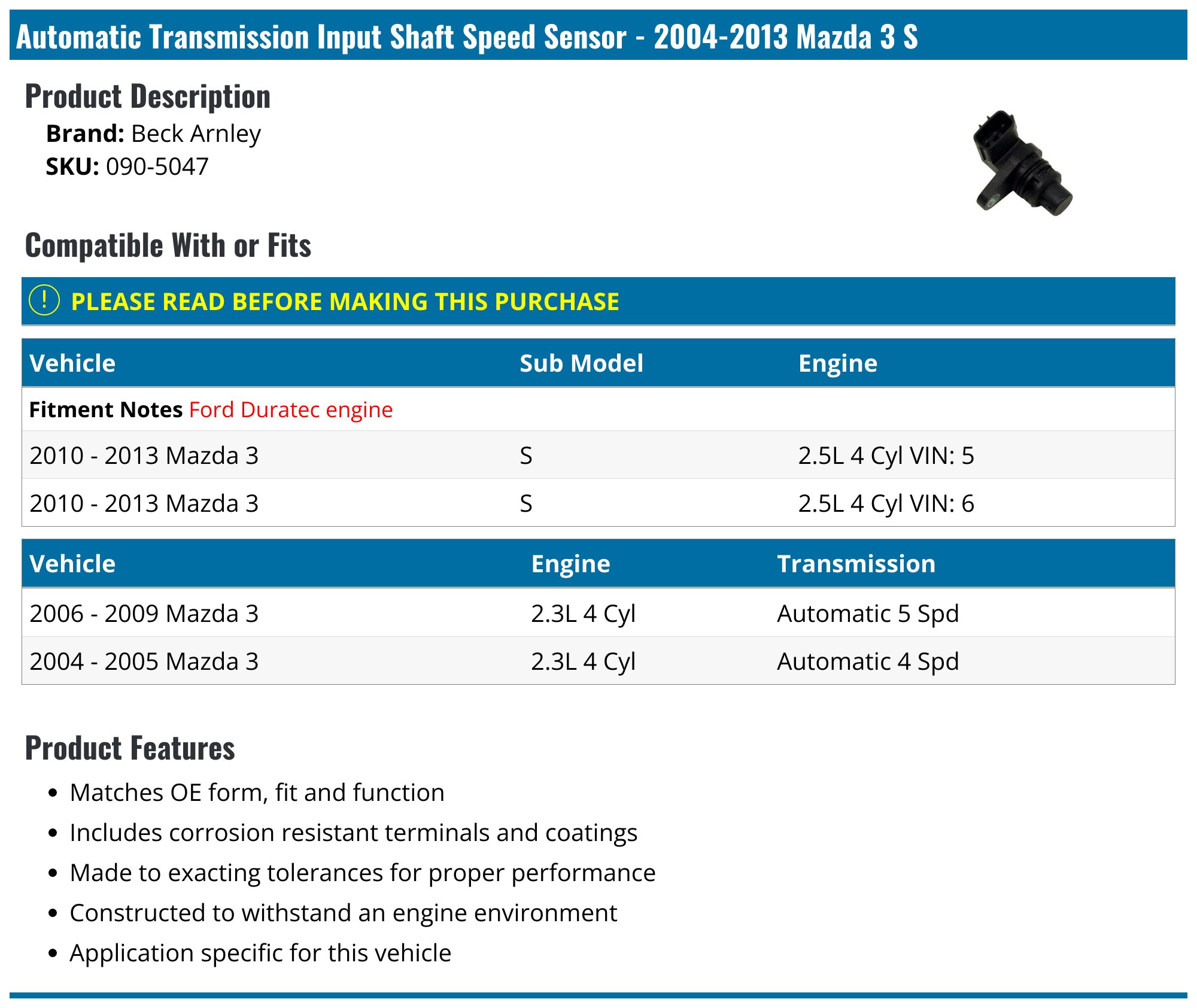 2004-2013 Mazda 3 Automatic Transmission Input Shaft Speed Sensor ...