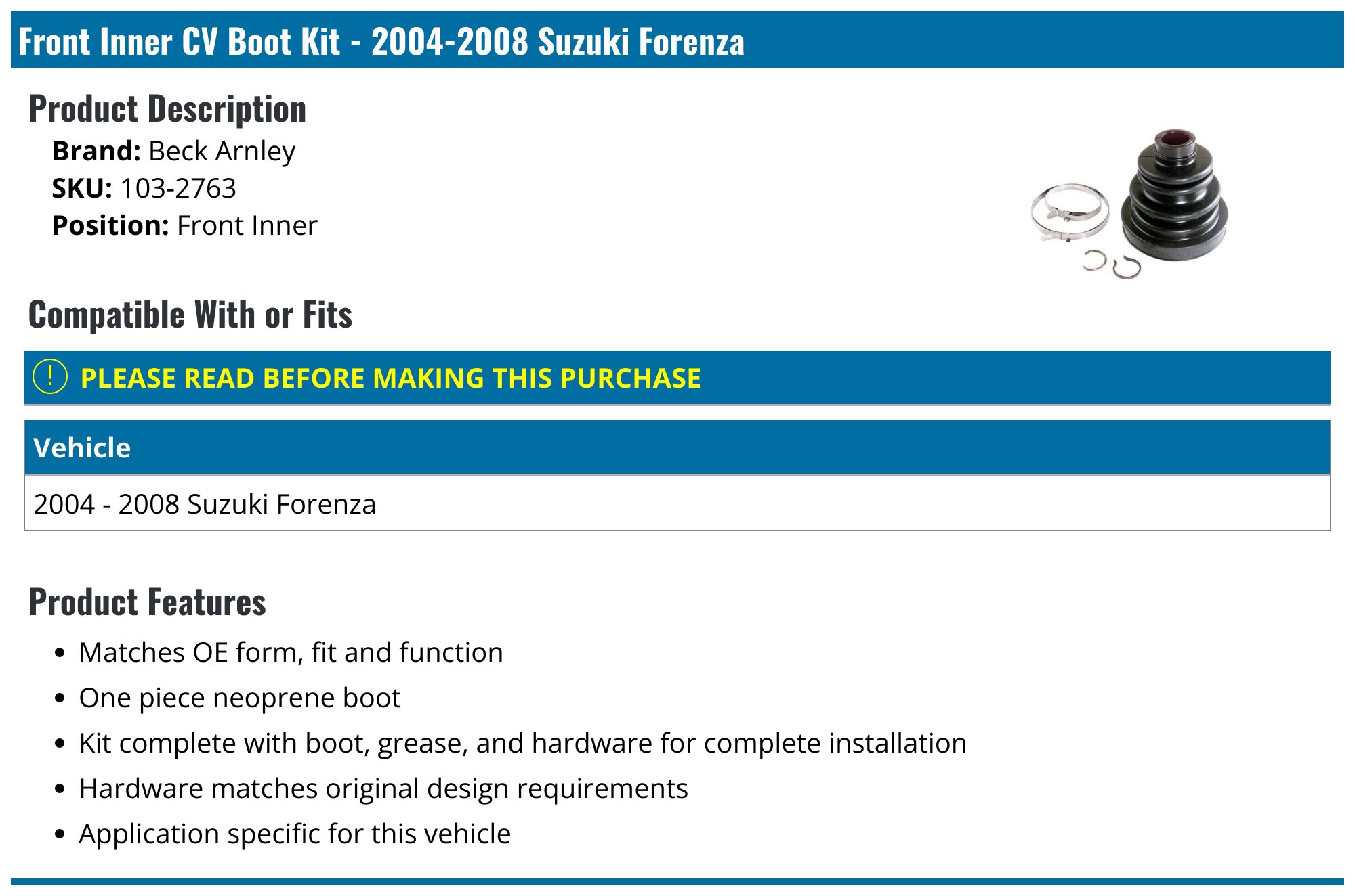 2004-2008 Suzuki Forenza CV Boot - Beck Arnley 103-2763 - Front Inner ...