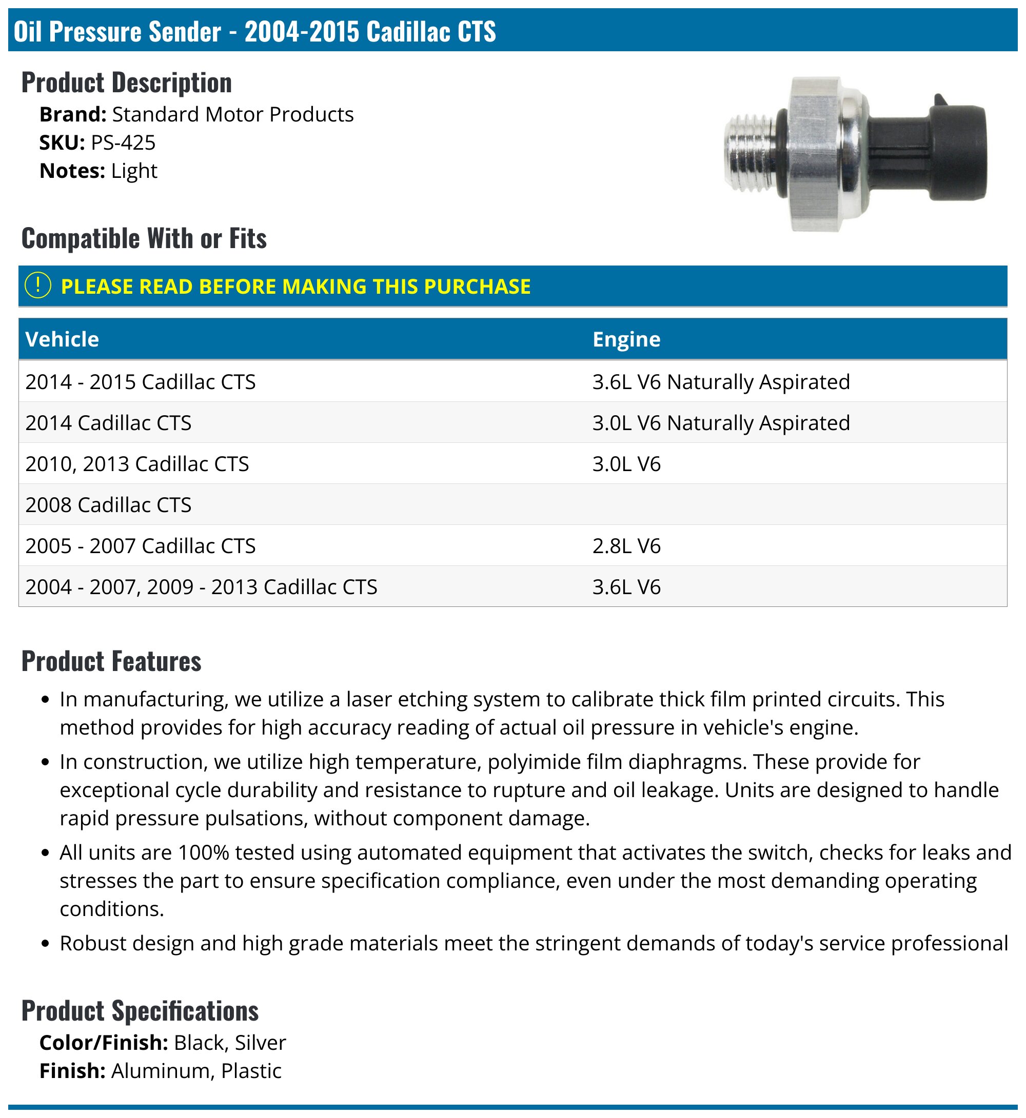 2004-2015 Cadillac CTS Oil Pressure Sender - Standard Motor Products PS ...