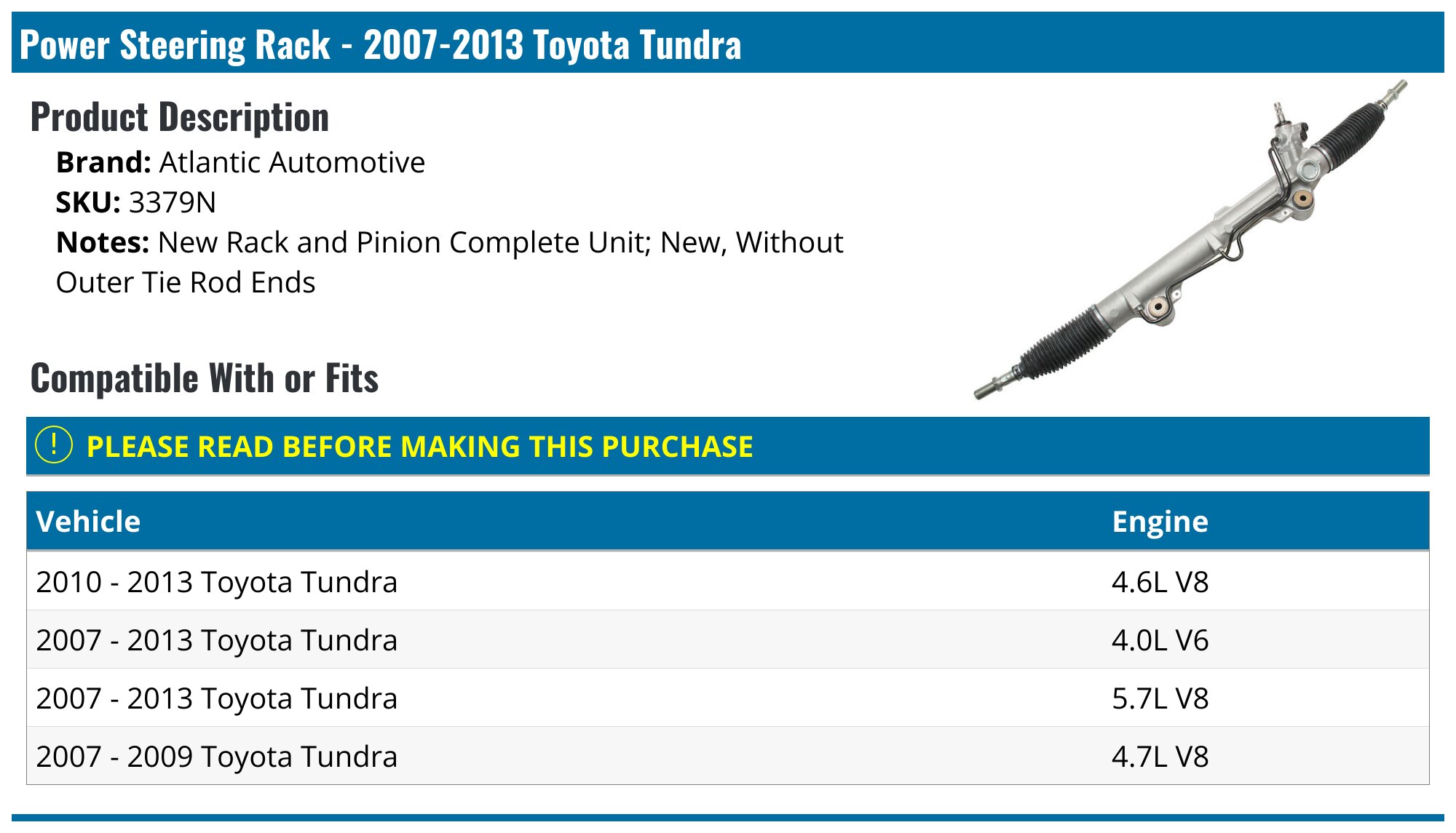 2007-2013 Toyota Tundra Steering Rack - Atlantic Automotive 3379N ...