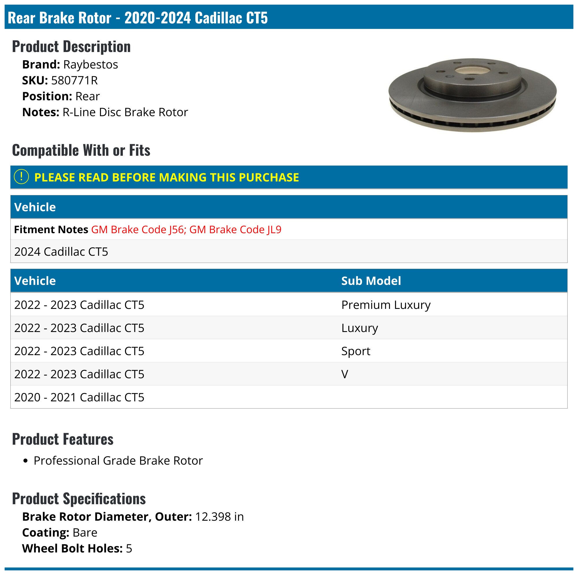 2020-2025 Cadillac CT5 Brake Rotor - Raybestos 580771R - Rear ...