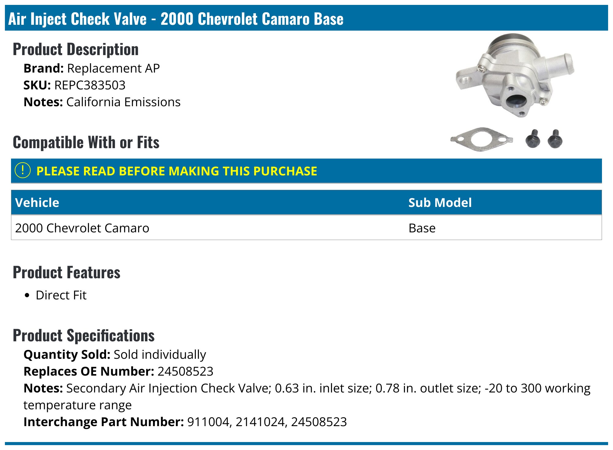 2000 Chevrolet Camaro Air Pump Check Valve - Replacement AP REPC383503 ...