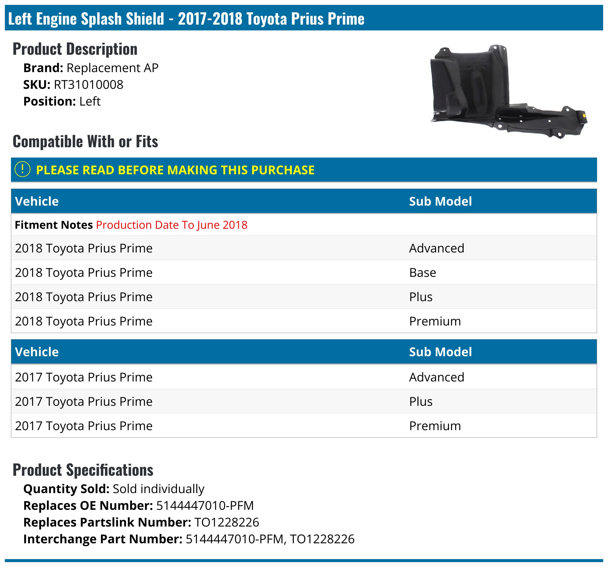 2017-2018 Toyota Prius Prime Lower Engine Cover - Replacement AP ...