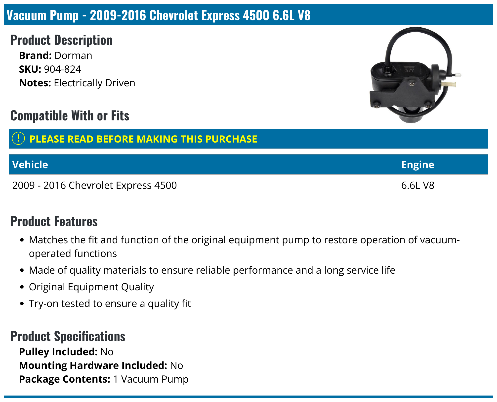 2009-2016 Chevrolet Express 4500 Vacuum Pump - Dorman 904-824 ...