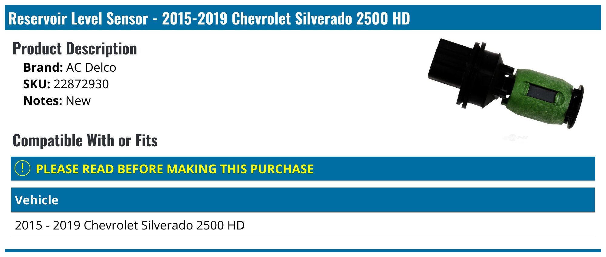 2015-2019 Chevrolet Silverado 2500 HD Reservoir Level Sensor - AC Delco ...