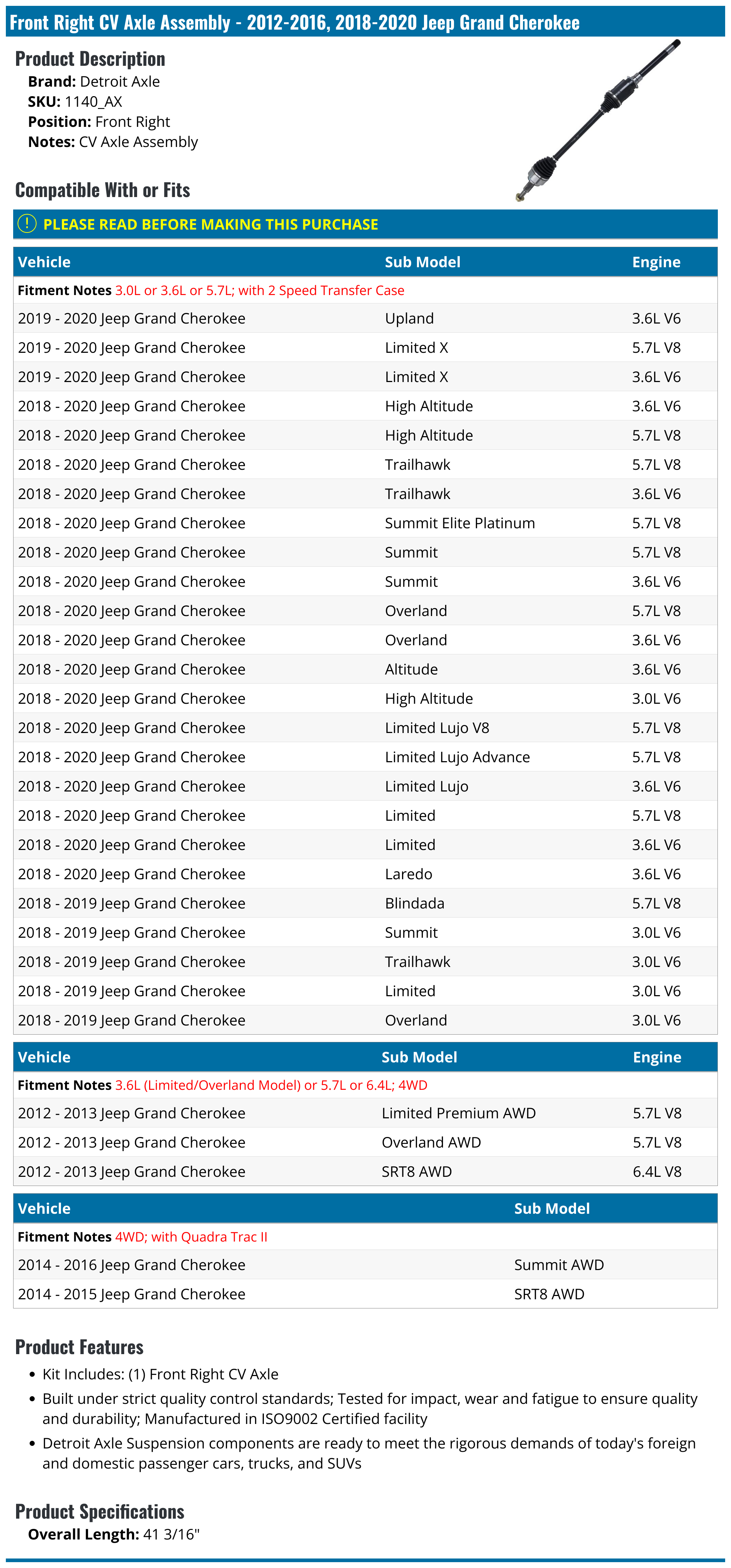 2011-2016, 2018-2021 Jeep Grand Cherokee Axle Assembly - Detroit Axle ...