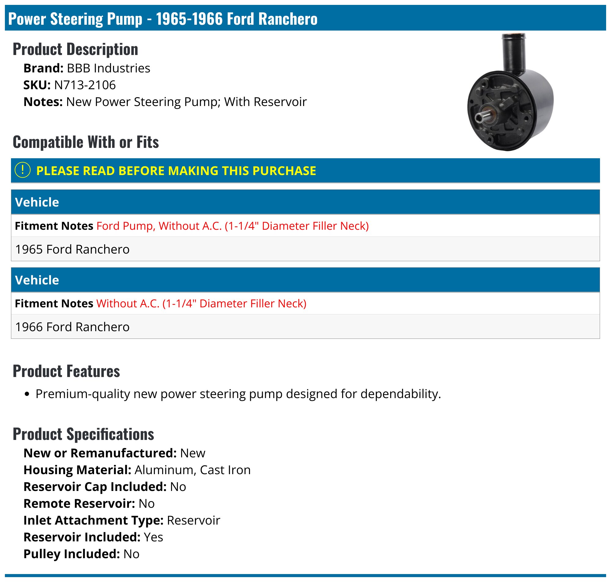 1965-1966 Ford Ranchero Power Steering Pump - BBB Industries N713-2106 ...