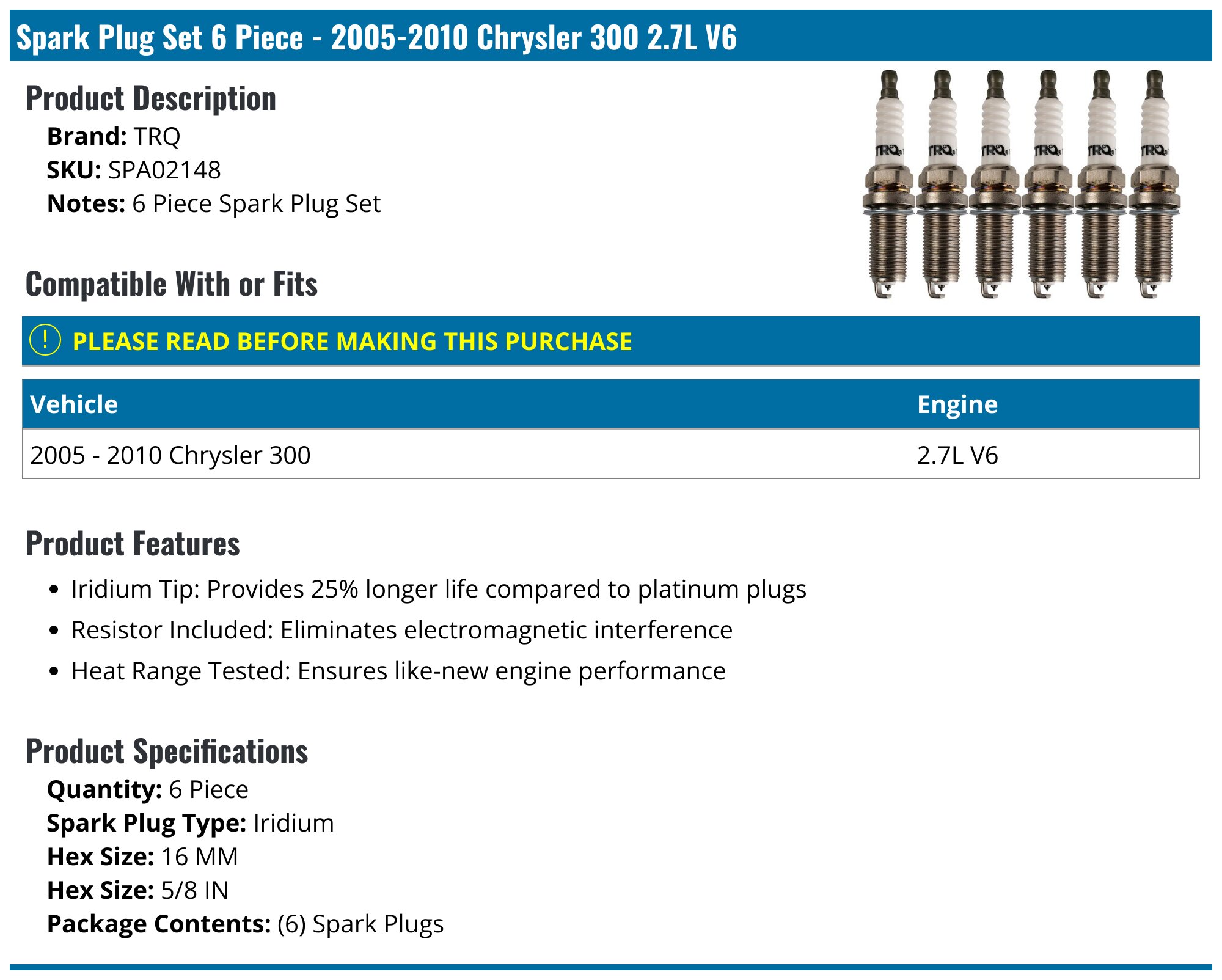 2005-2010 Chrysler 300 Spark Plug - TRQ SPA02148 - PartsGeek.com