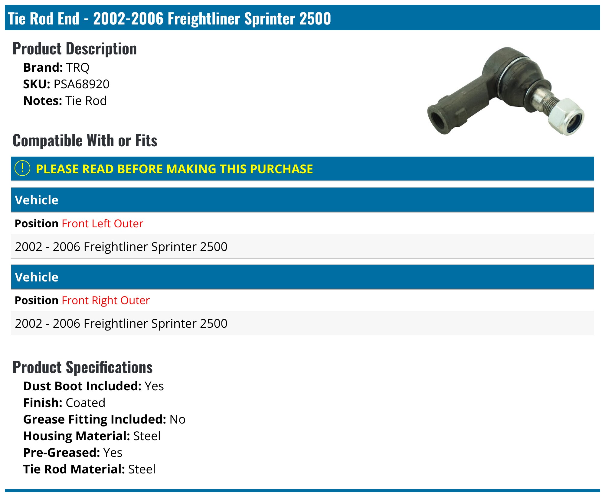 2002-2006 Freightliner Sprinter 2500 Tie Rod End - TRQ PSA68920 - Front ...