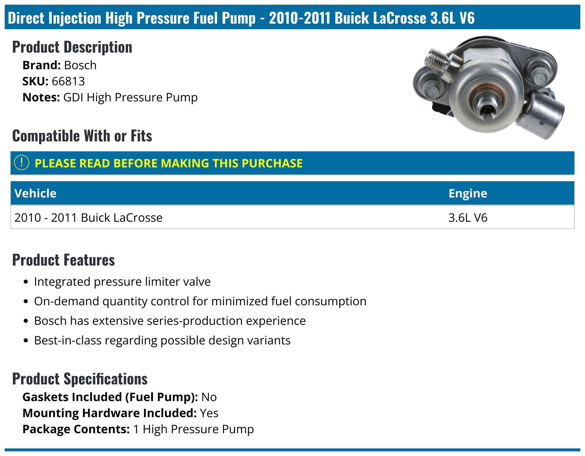 2010-2011 Buick LaCrosse Fuel Pump - Bosch 66813 - PartsGeek.com