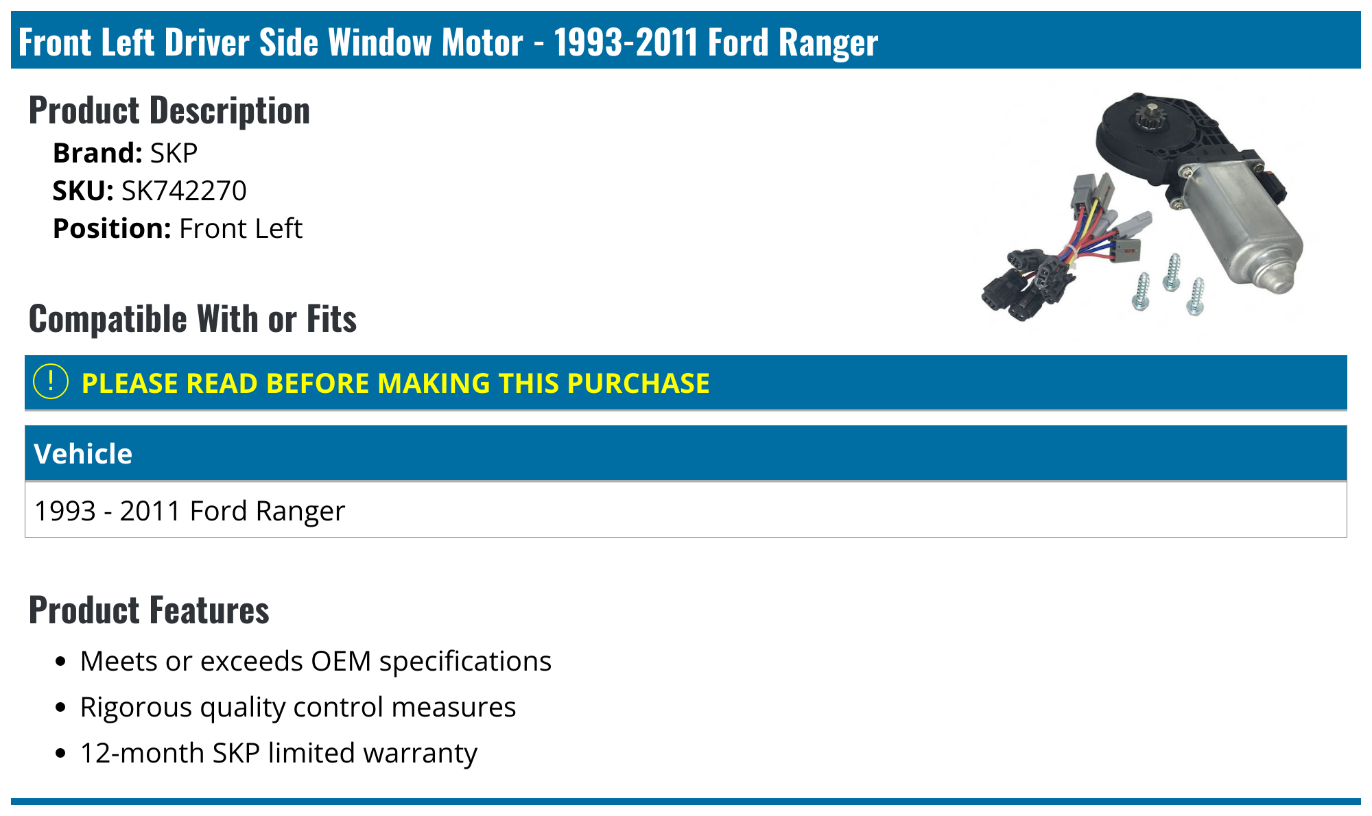 1993-2011 Ford Ranger Window Motor - SKP SK742270 - Front Left ...