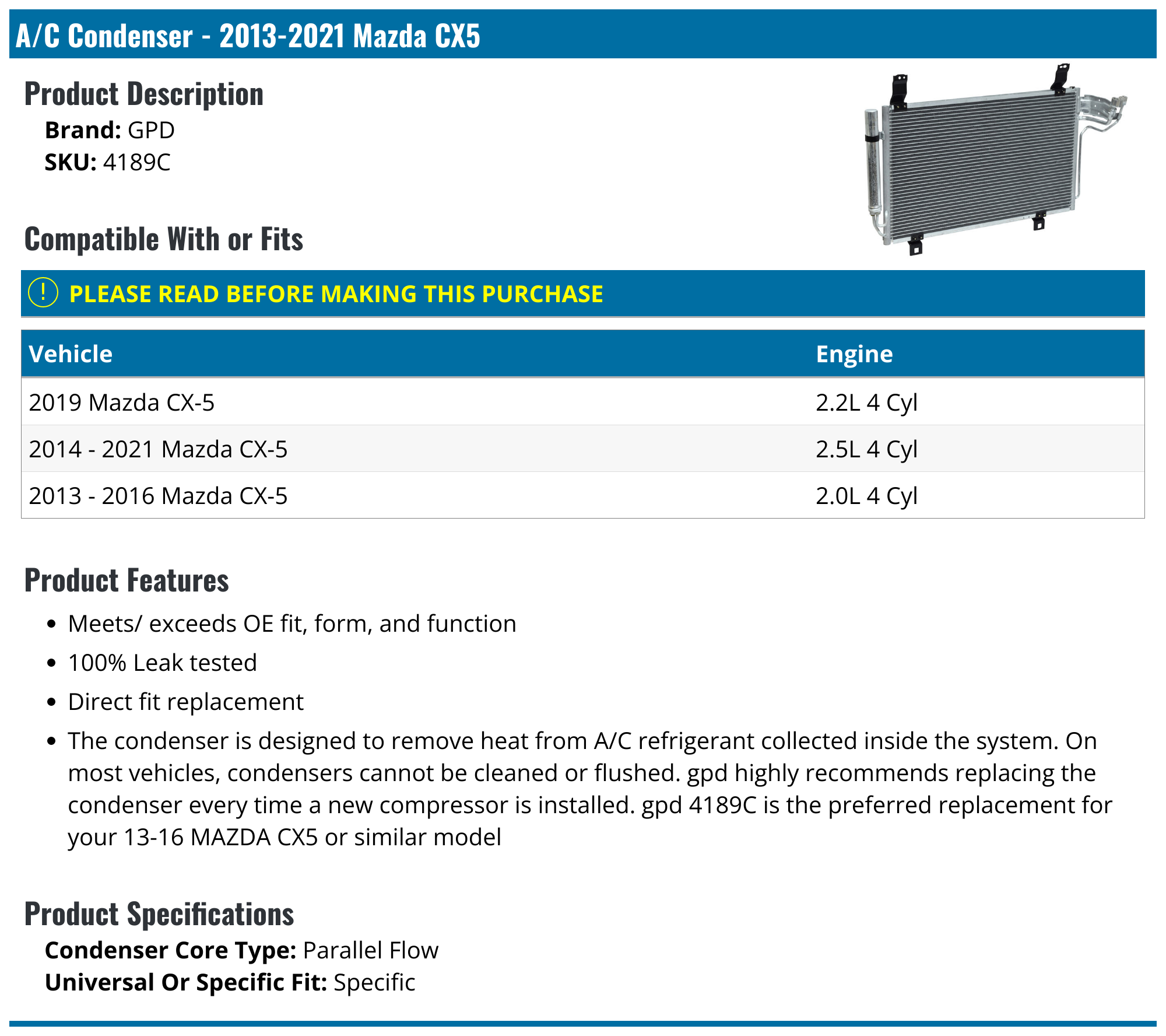 2013-2022 Mazda CX5 A/C Condenser - GPD 4189C - PartsGeek.com