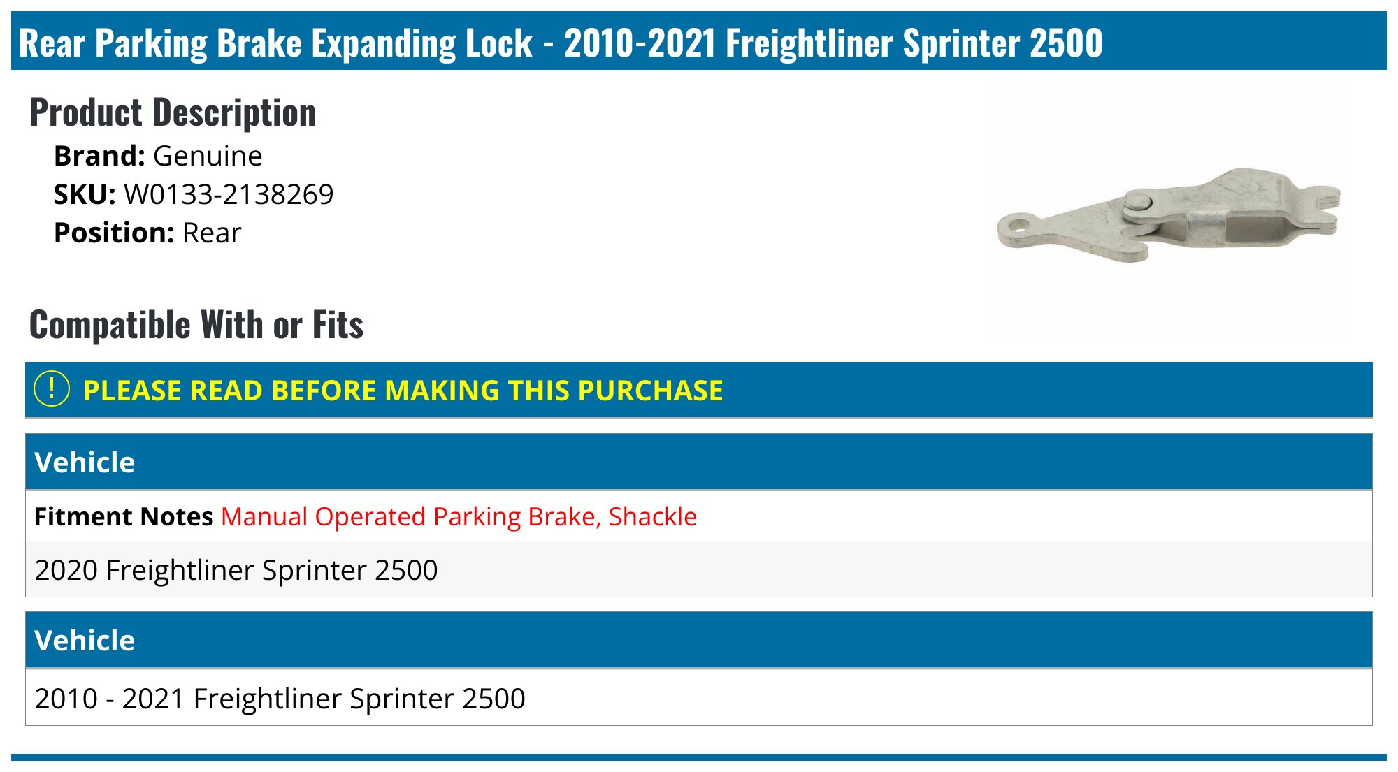 2010-2021 Freightliner Sprinter 2500 Parking Brake Expanding Lock ...