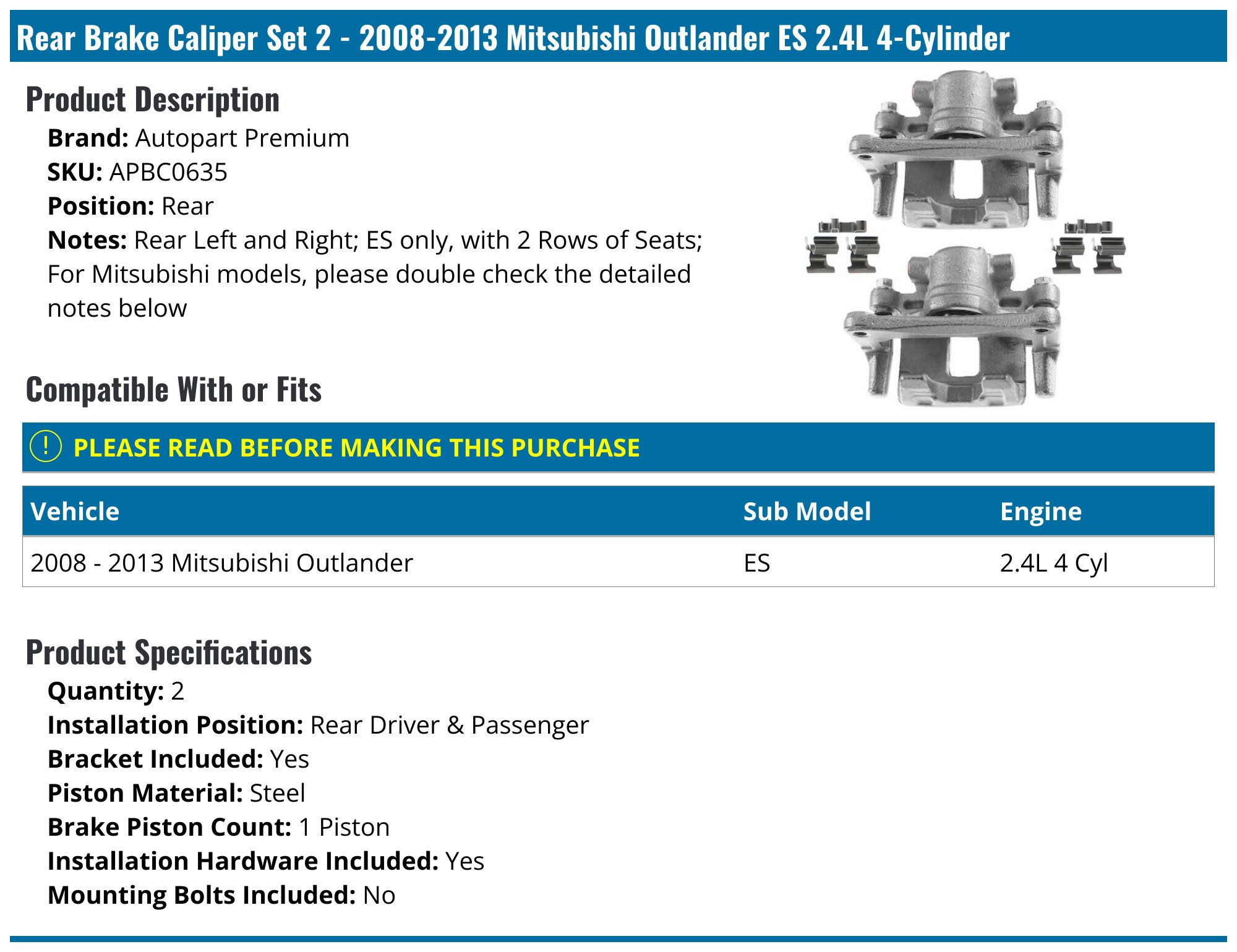 2008-2013 Mitsubishi Outlander Brake Caliper - Autopart Premium ...