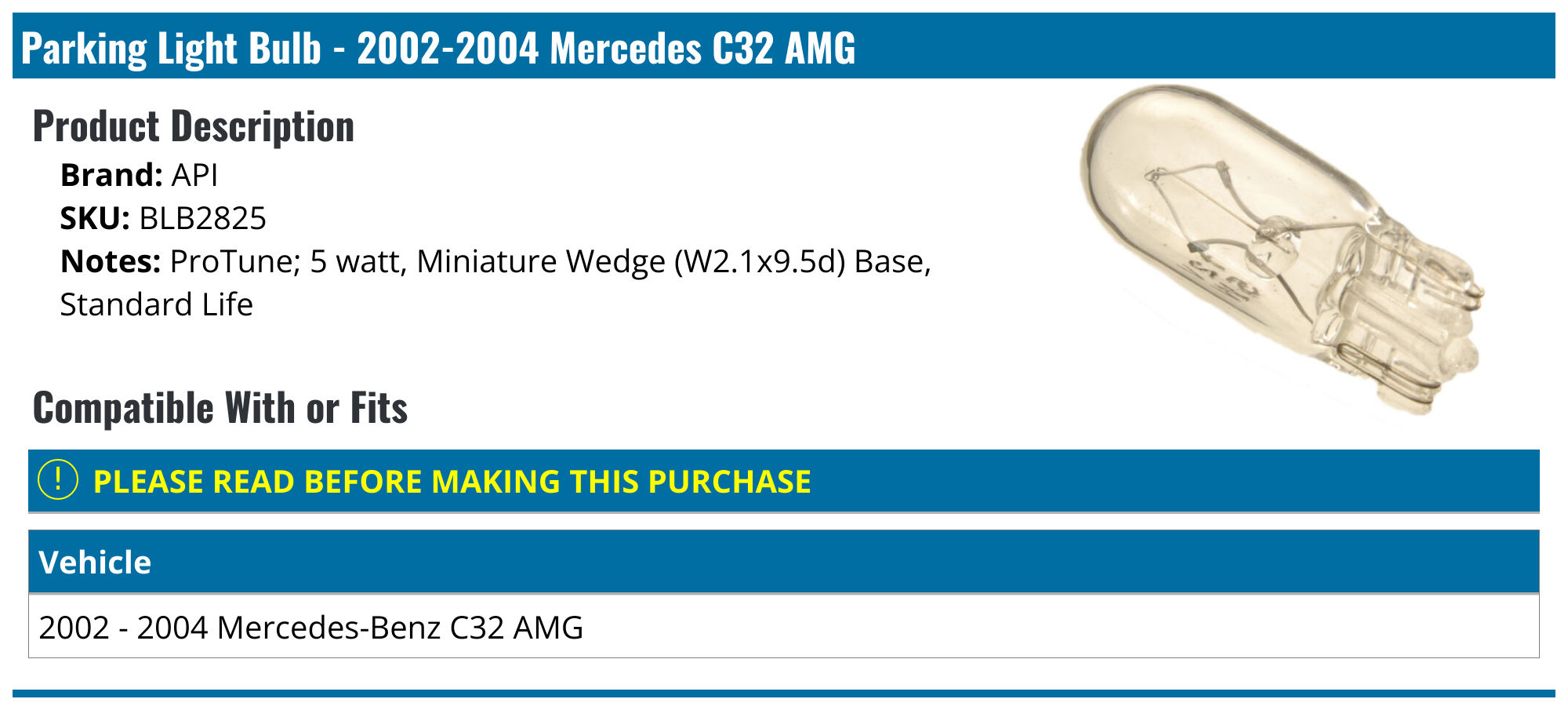 2002-2004 Mercedes C32 AMG Parking Light Bulb - API 6340-07352518 ...