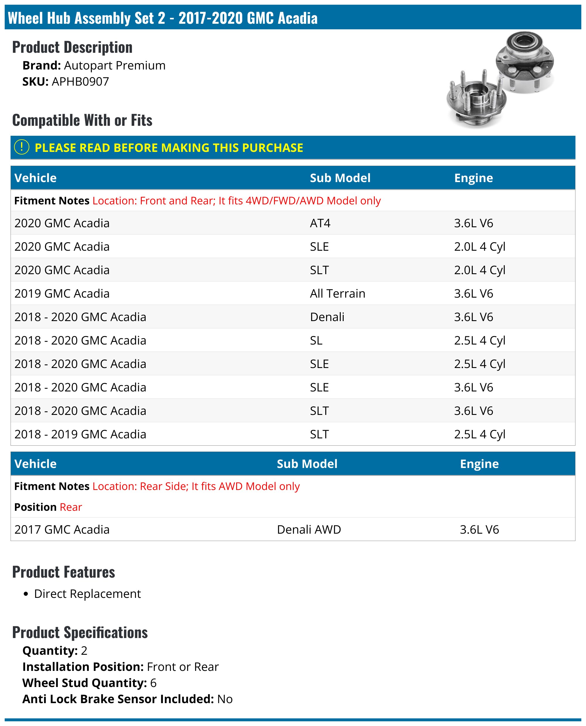 2017-2022 GMC Acadia Wheel Hub Assembly - Autopart Premium APHB0907 ...