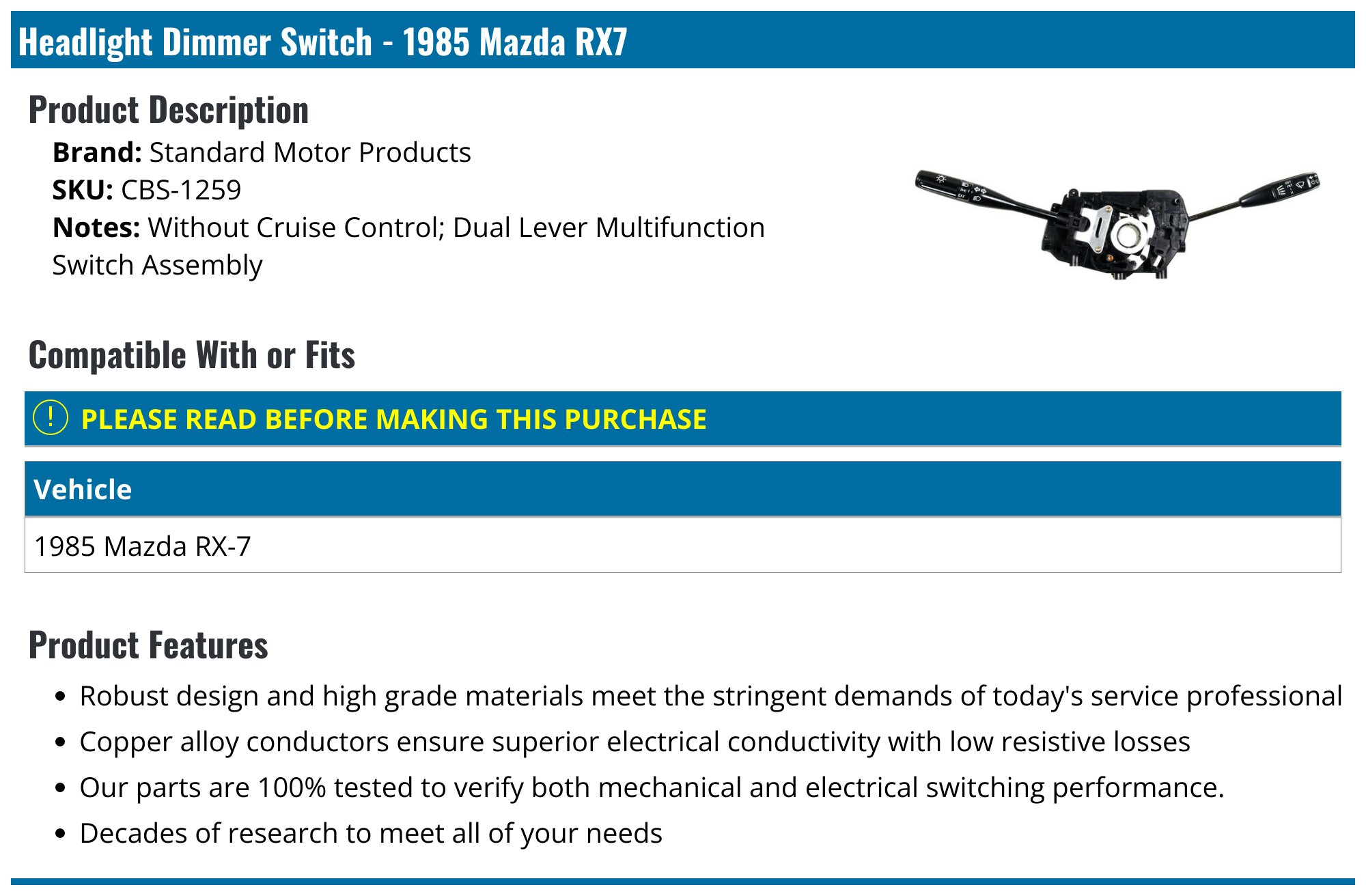 1985 Mazda RX7 Headlight Dimmer Switch - Standard Motor Products CBS ...