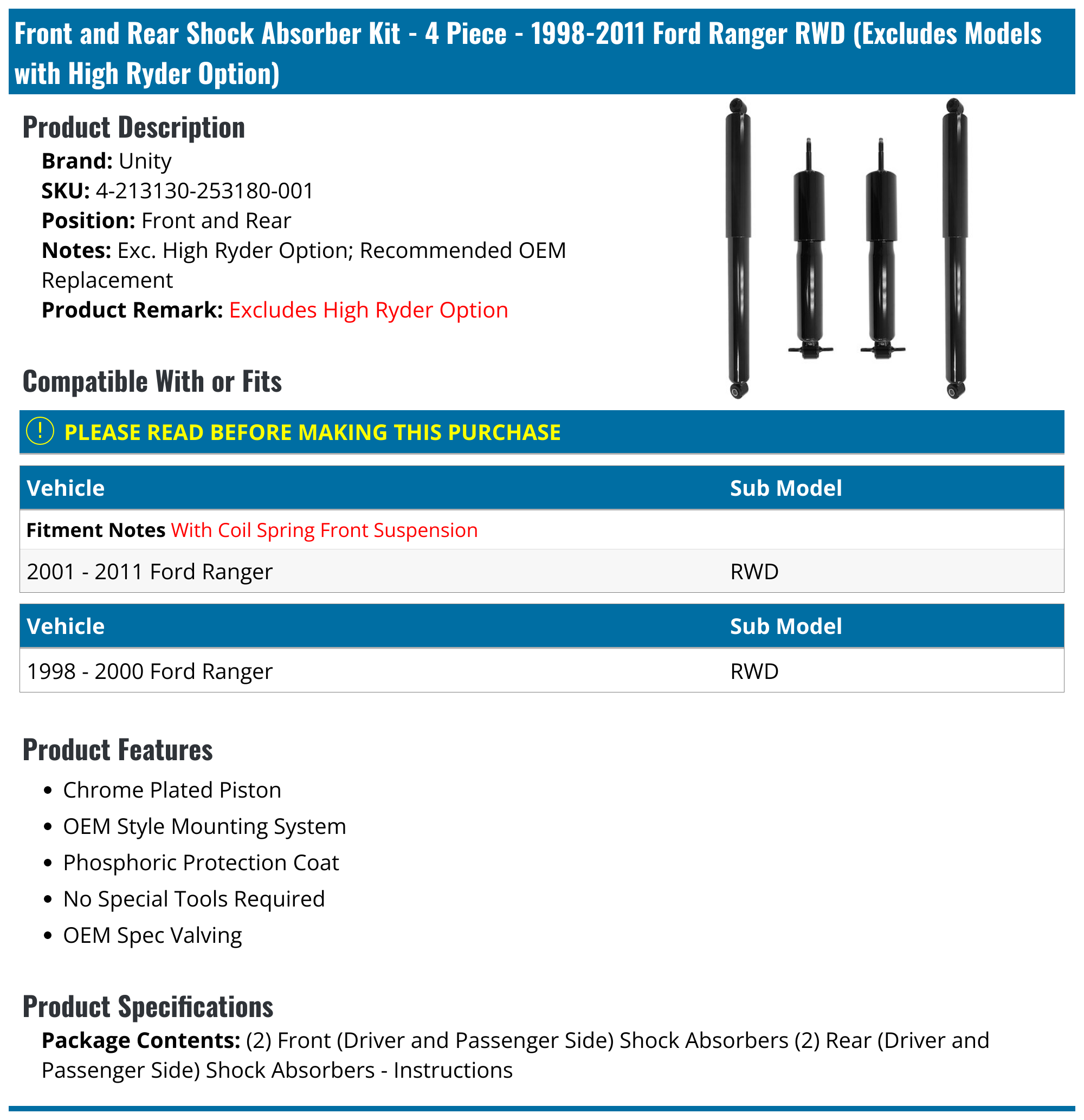 1998-2011 Ford Ranger Shock Absorber - Unity 4-213130-253180-001 ...