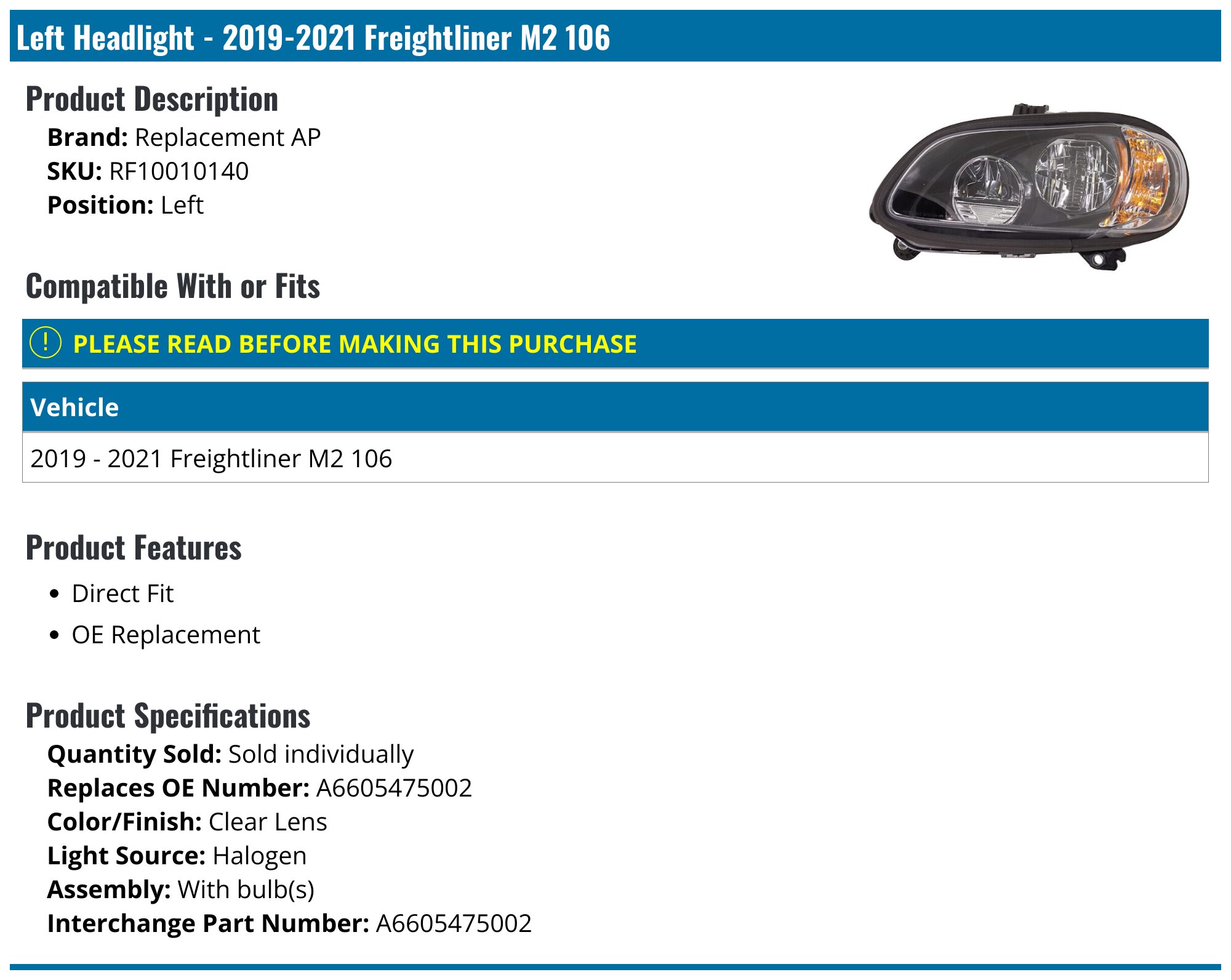 2019-2021 Freightliner M2 106 Headlight Assembly - Replacement AP ...