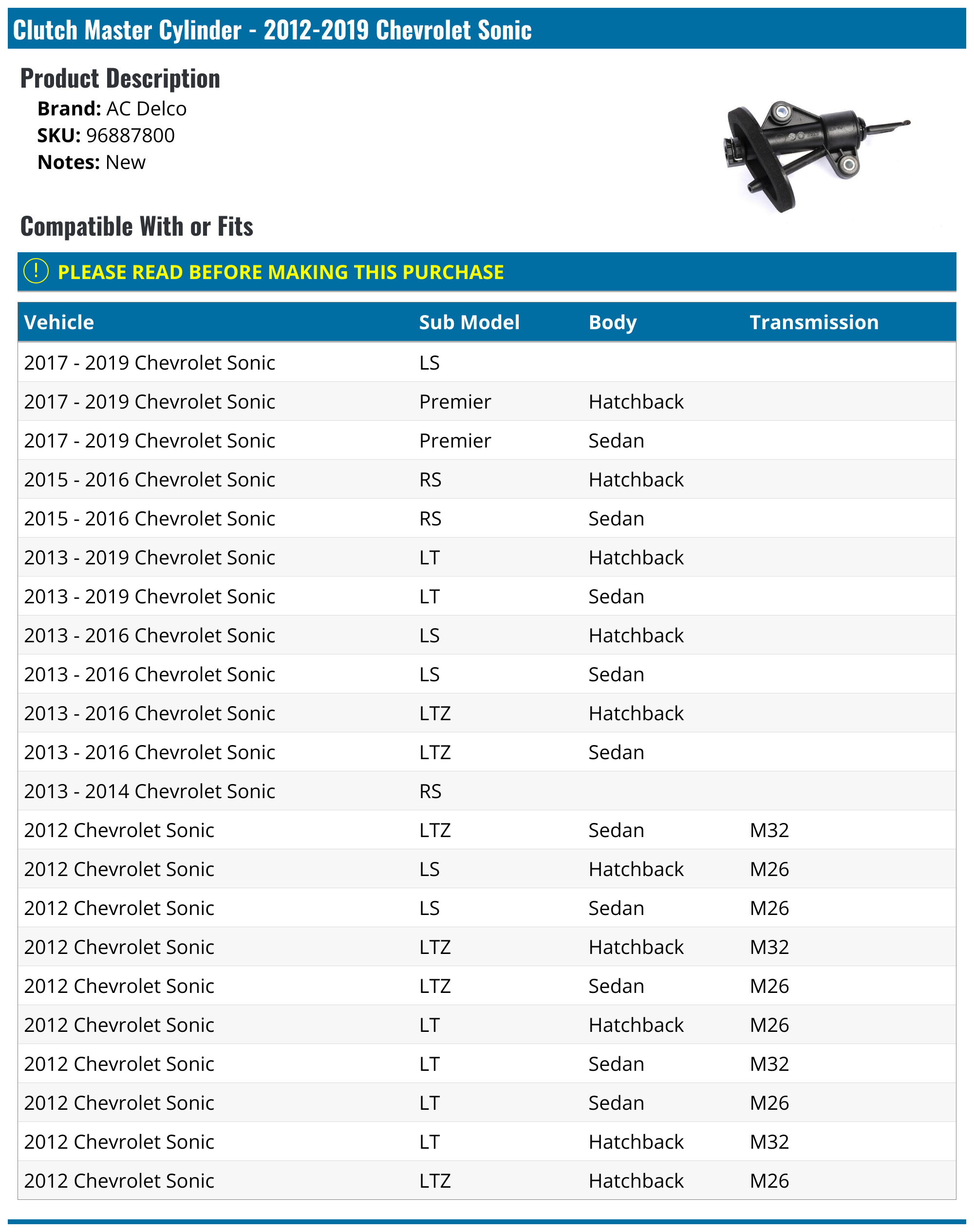 2012-2019 Chevrolet Sonic Clutch Master Cylinder - AC Delco 96887800 ...