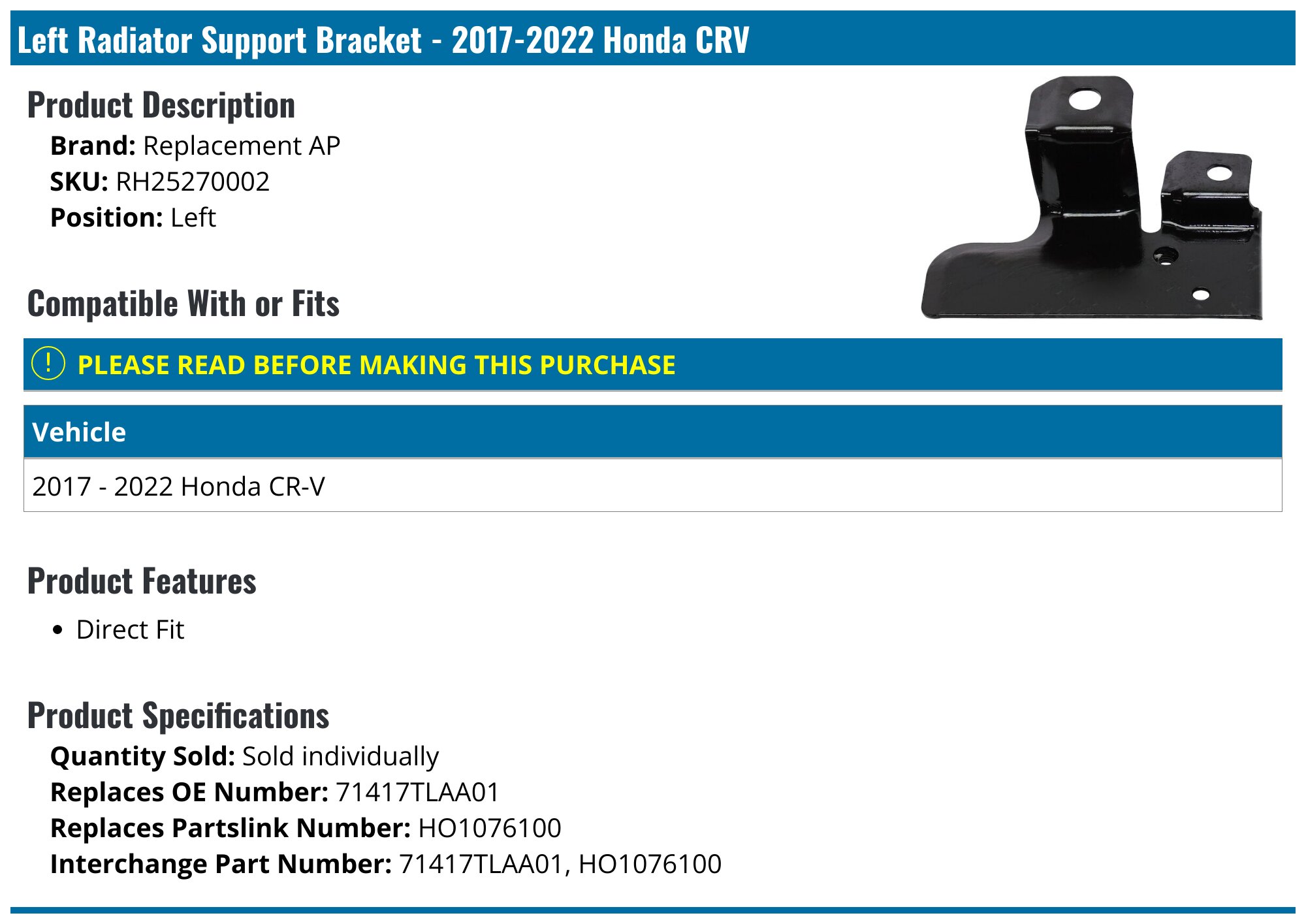 2017-2022 Honda CRV Radiator Support Bracket - Replacement AP ...