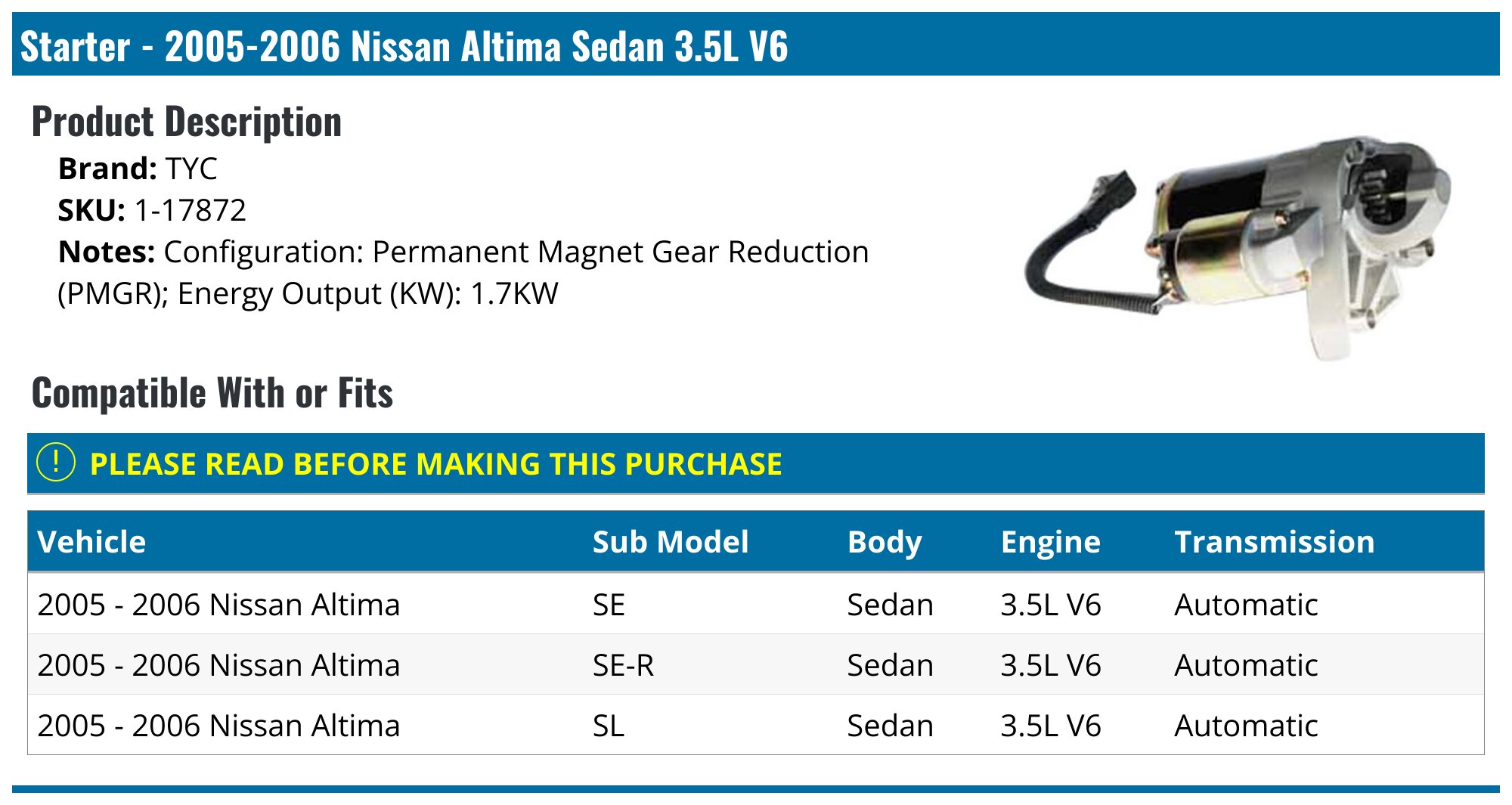 2005-2006 Nissan Altima Starter - TYC 1-17872 - PartsGeek.com
