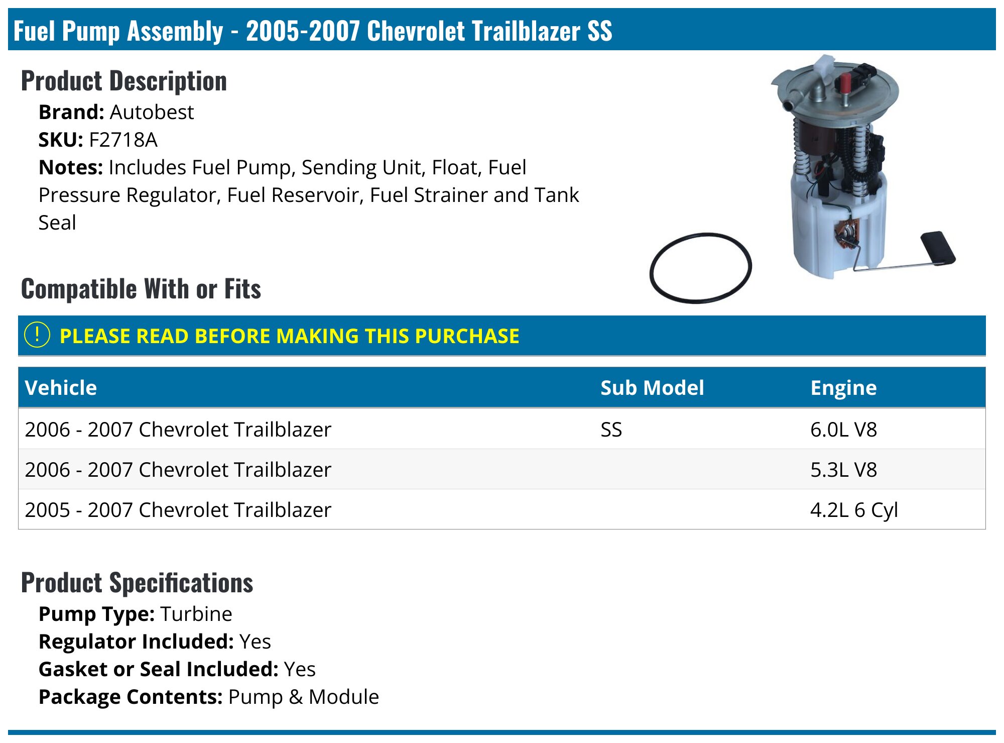 2005-2007 Chevrolet Trailblazer Fuel Pump - Autobest F2718A - PartsGeek.com