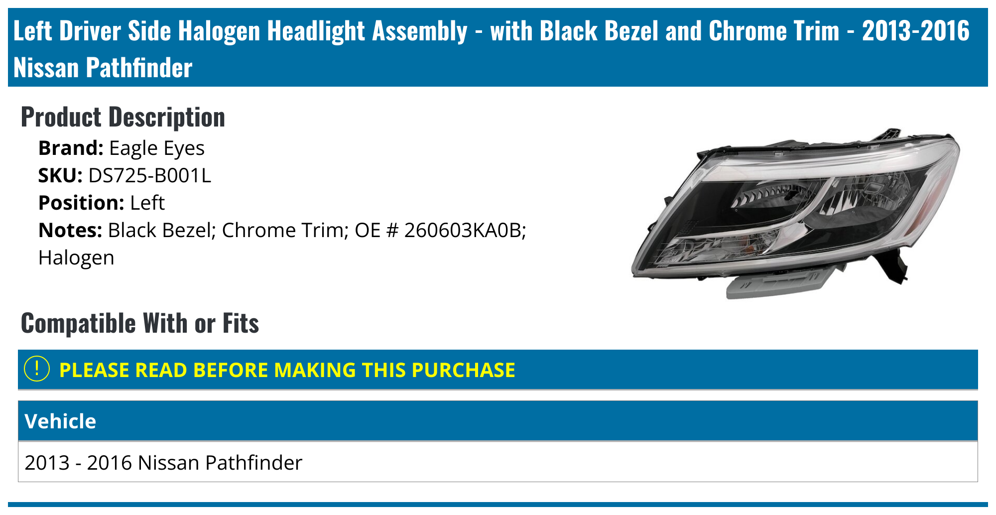 Nissan Headlight | Altima Sentra Maxima Rogue - 2017 2014 2015 2018