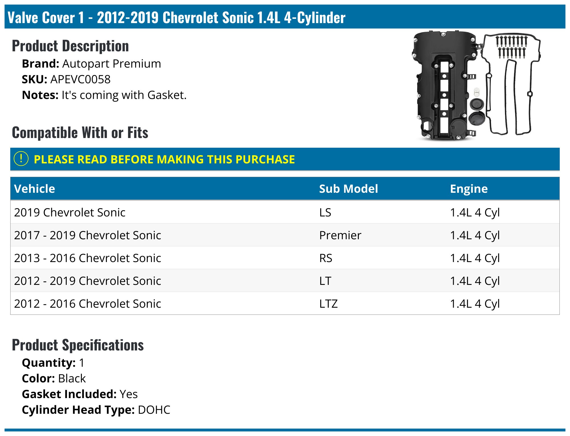 2012-2020 Chevrolet Sonic Valve Cover - Autopart Premium APEVC0058 ...