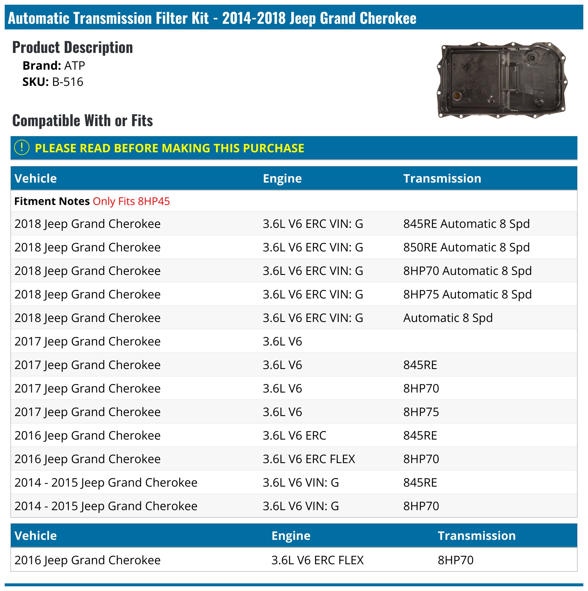 2014-2018 Jeep Grand Cherokee Automatic Transmission Filter - ATP B-516 ...