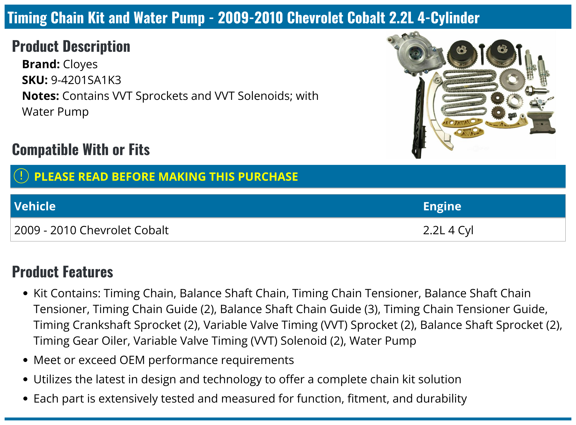 2009-2010 Chevrolet Cobalt Timing Chain - Cloyes 9-4201SA1K3 ...