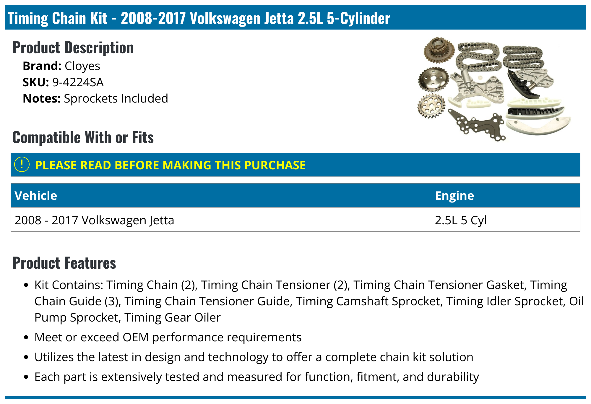 2008-2018 Volkswagen Jetta Timing Chain - Cloyes 9-4224SA - PartsGeek.com