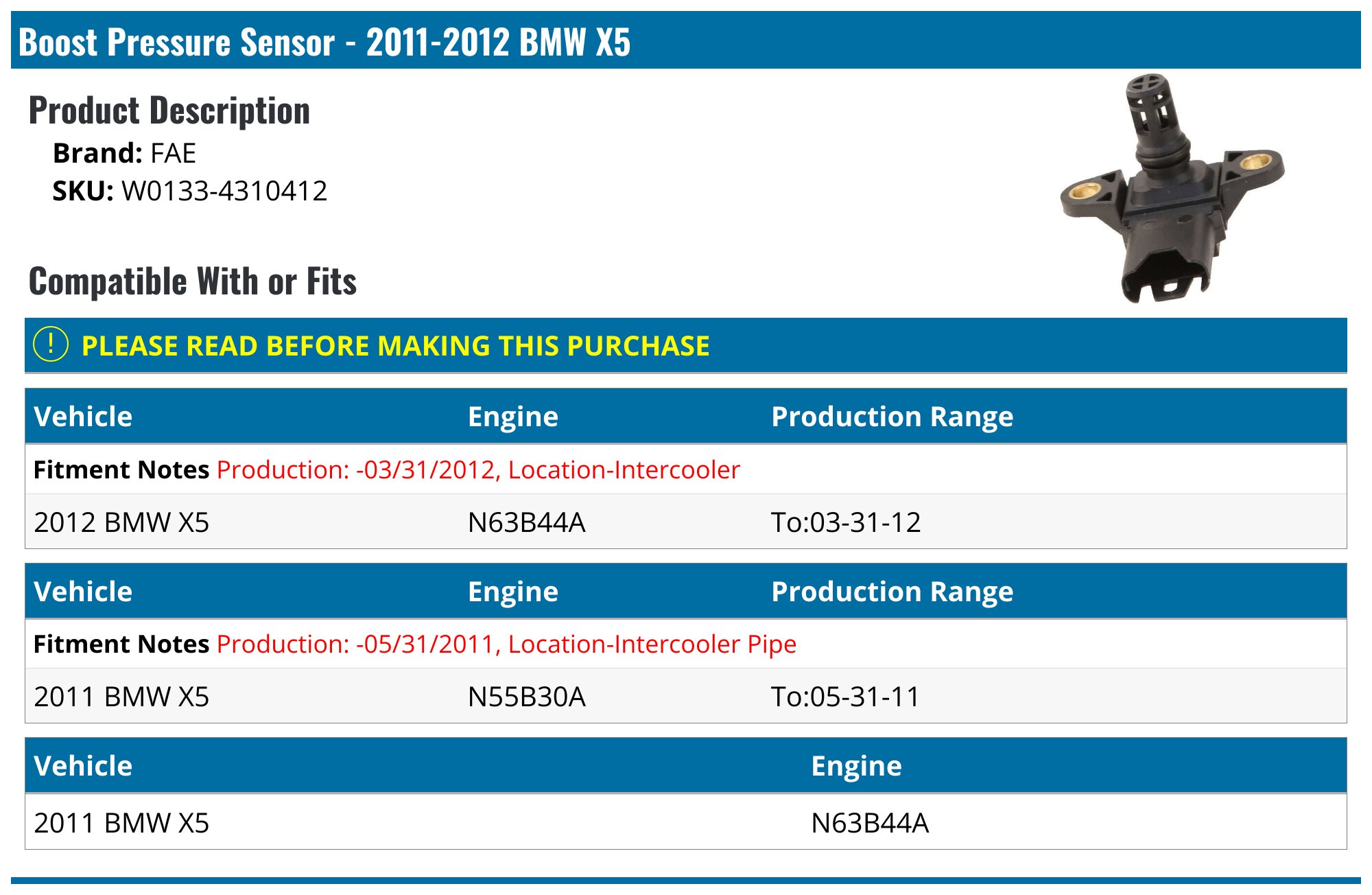 2011-2012 BMW X5 Boost Pressure Sensor - FAE W0133-4310412 - PartsGeek.com