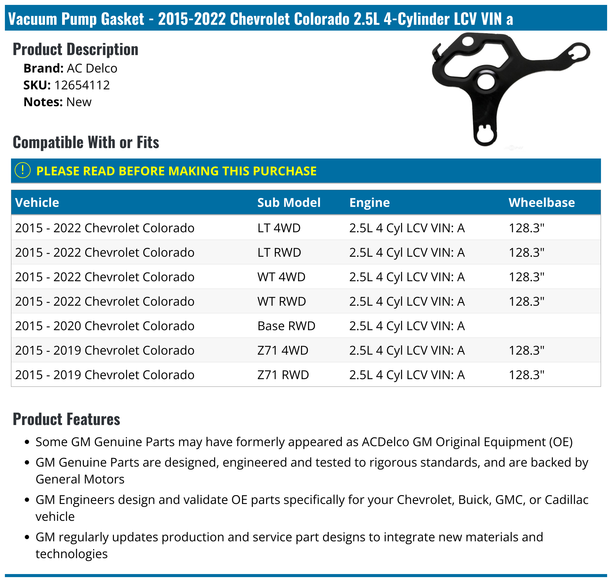 2015-2022 Chevrolet Colorado Vacuum Pump Gasket - AC Delco 12654112 ...