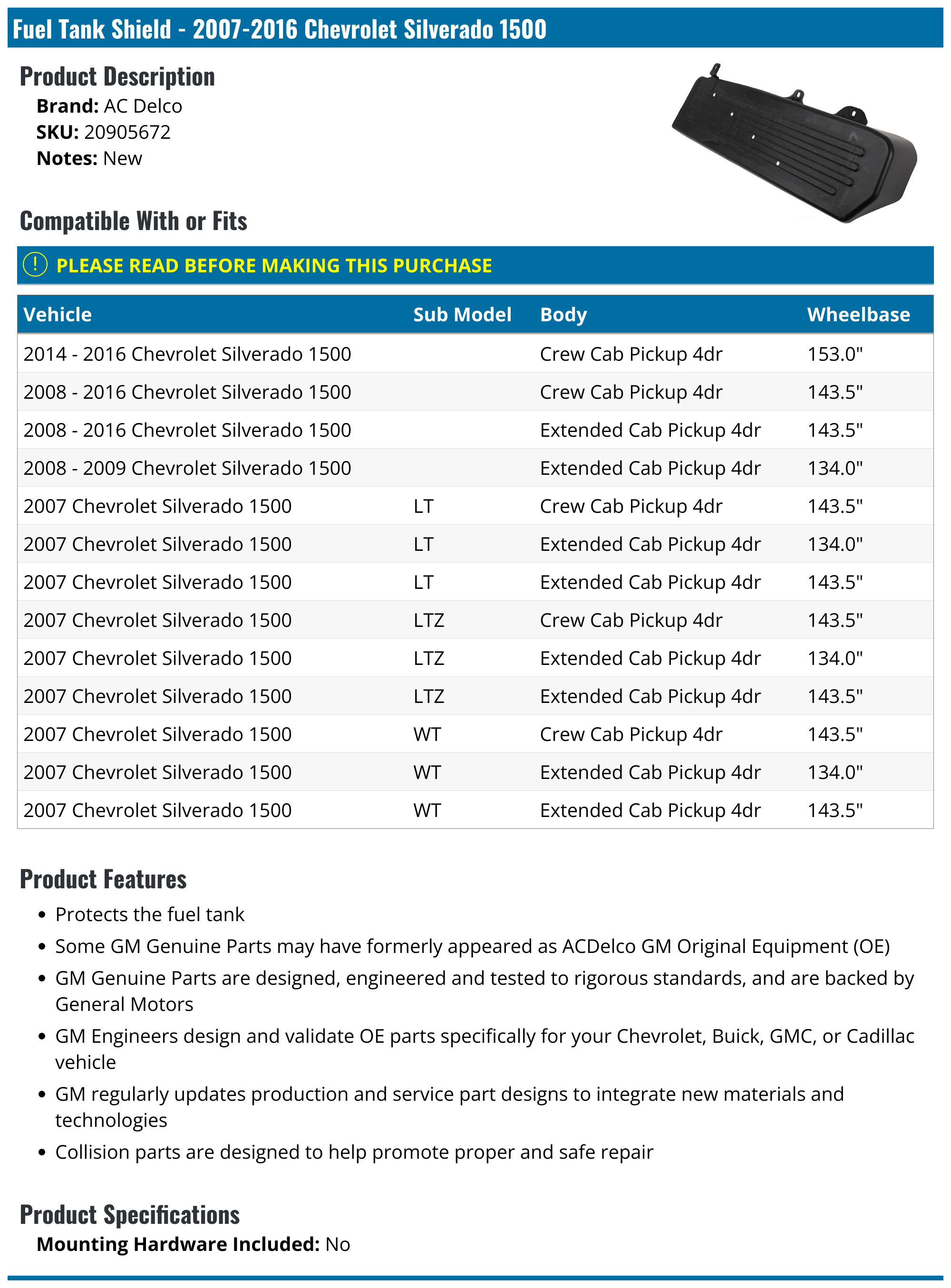 2007-2016 Chevrolet Silverado 1500 Fuel Tank Skid Plate - AC Delco ...