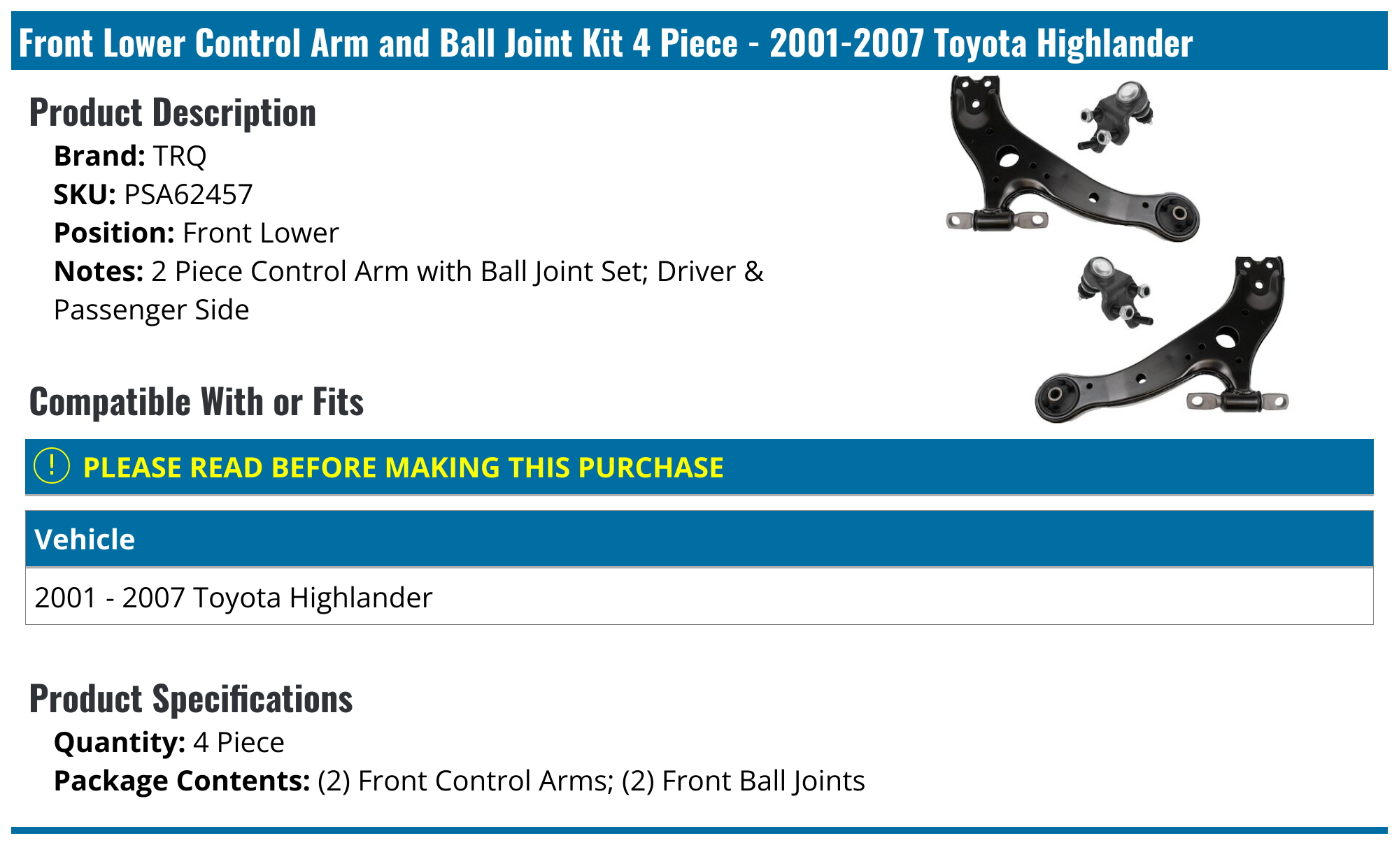2001-2007 Toyota Highlander Control Arm - TRQ PSA62457 - Front Lower ...