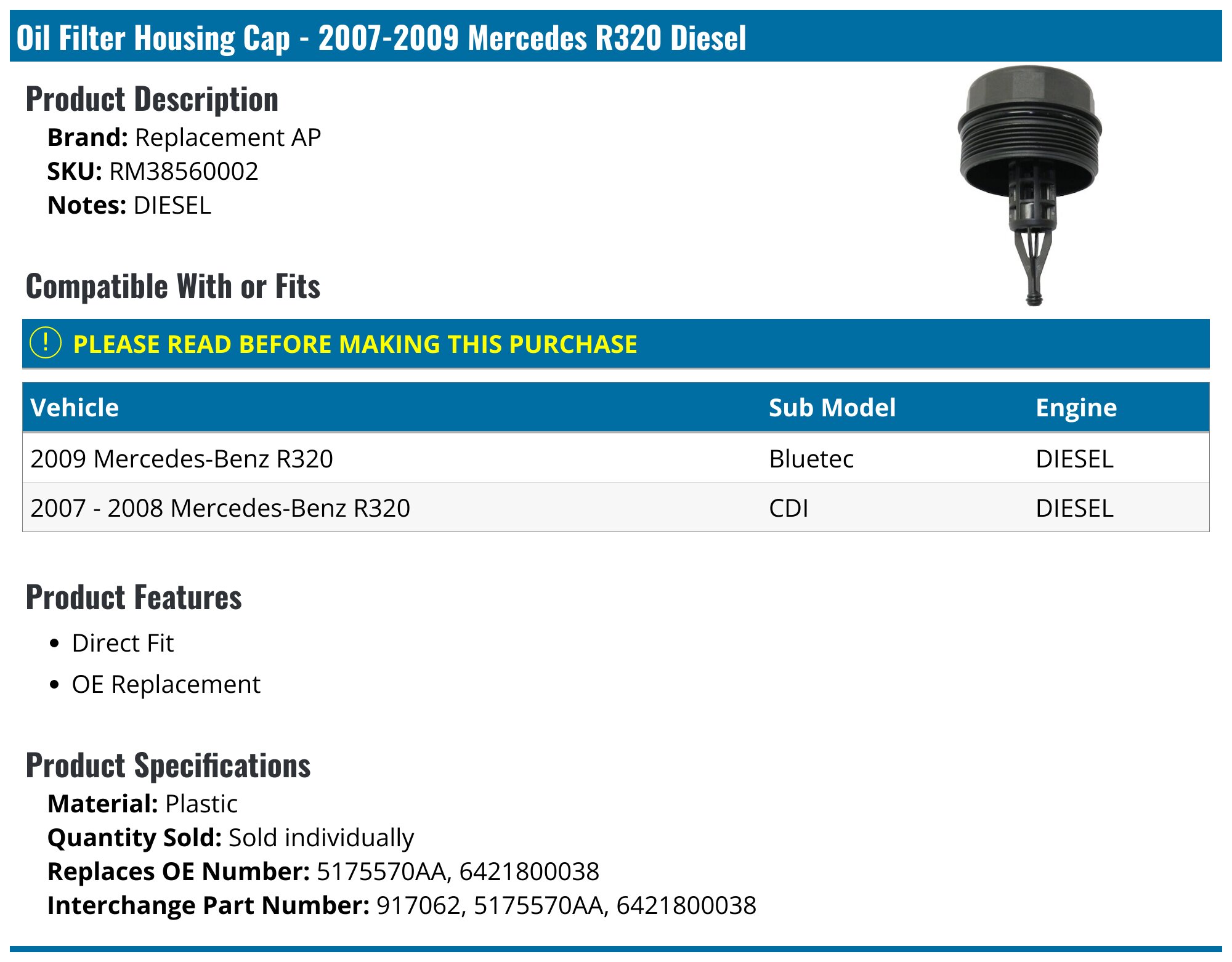 2007-2009 Mercedes R320 Oil Filter Housing Cap - Replacement AP ...