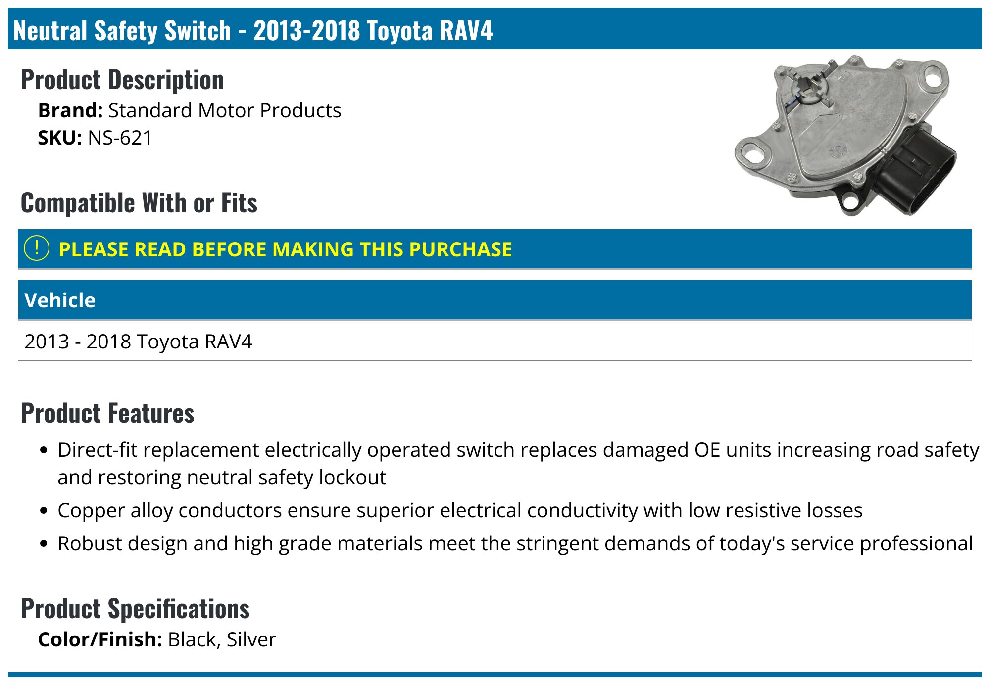 2013-2018 Toyota RAV4 Neutral Safety Switch - Standard Motor Products ...