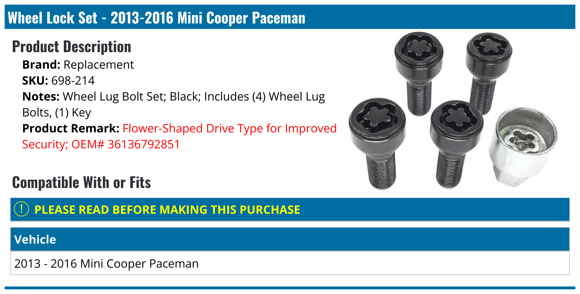 2013-2016 Mini Cooper Paceman Lug Bolt - Replacement 698-214 ...