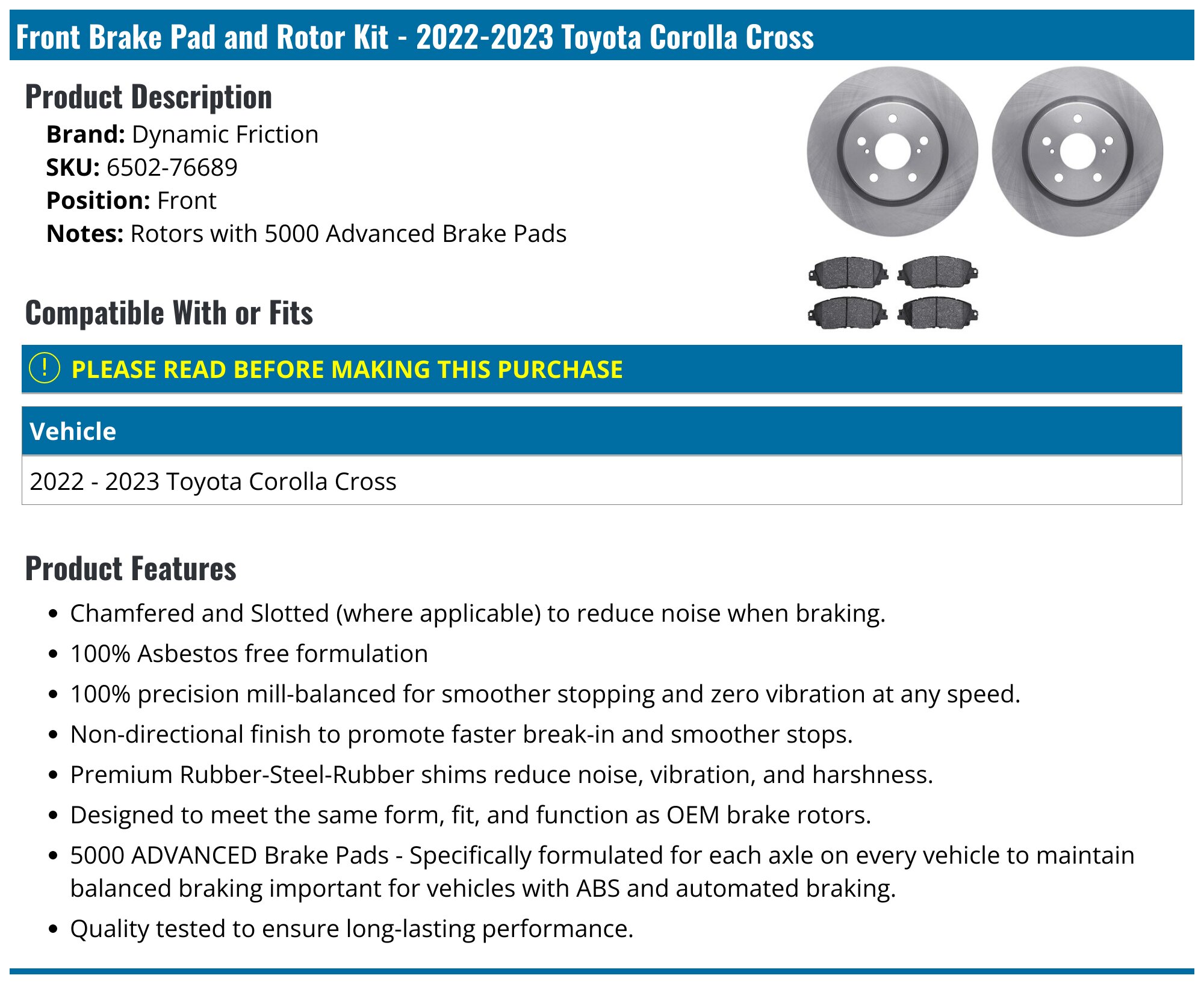 2022-2023 Toyota Corolla Cross Brake Rotor - Dynamic Friction 6502 ...
