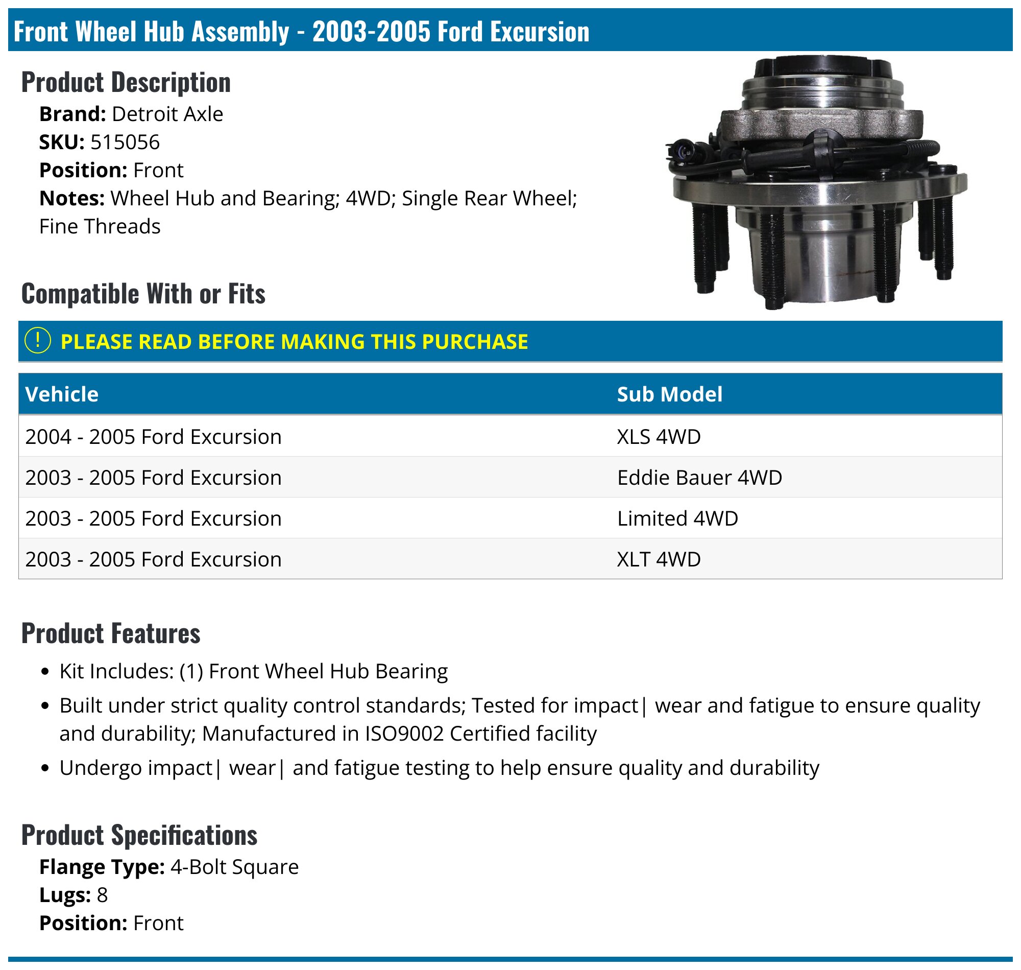 2003-2005 Ford Excursion Wheel Hub Assembly - Detroit Axle 515056 ...