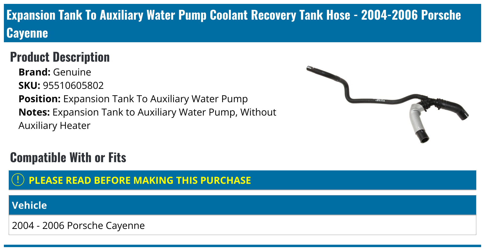 2004-2006 Porsche Cayenne Coolant Breather Pipe - Genuine 95510605802 ...